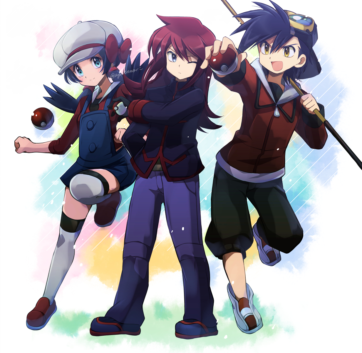 Safebooru - 1girl 2boys ayateaori backwards hat black hair black hat black jacket black pants ...
