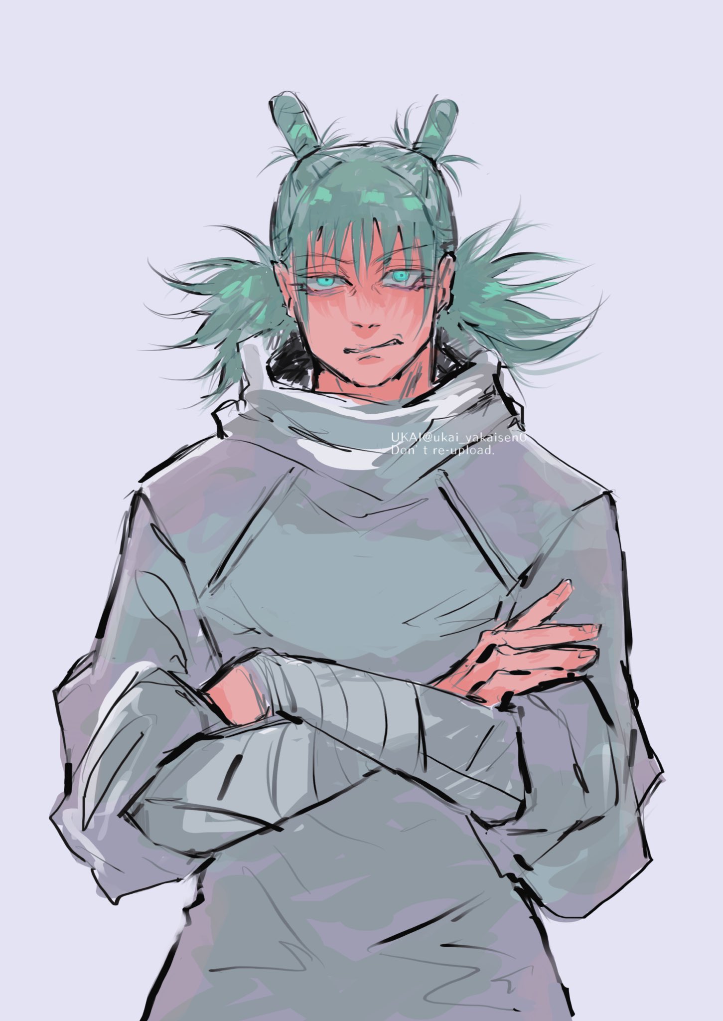 Safebooru - 1boy aqua eyes aqua hair crossed arms double bun hair bun ...