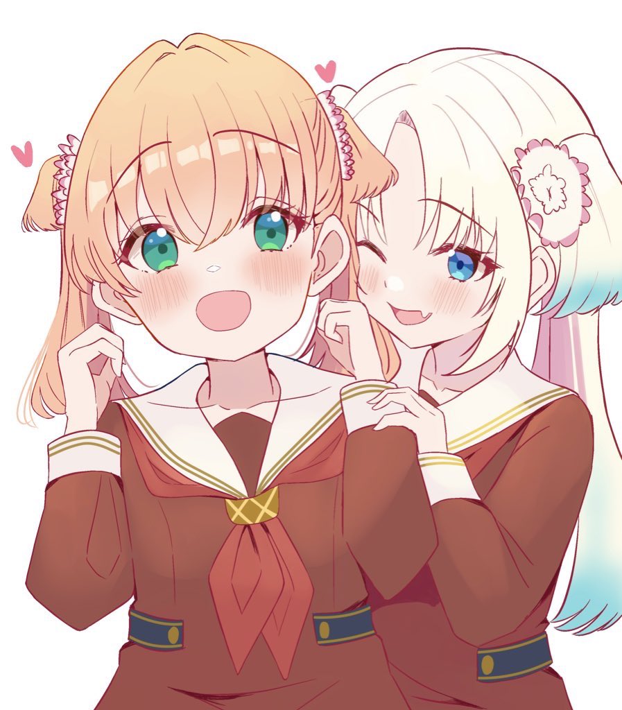 Safebooru - 2girls :d ;d blonde hair blue eyes blue hair blush borrowed accessory borrowed ...