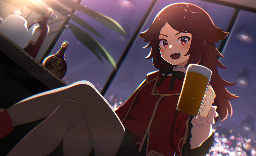 Safebooru - 1girl :d alcohol beer beer mug black pantyhose black shorts blush brown hair ...