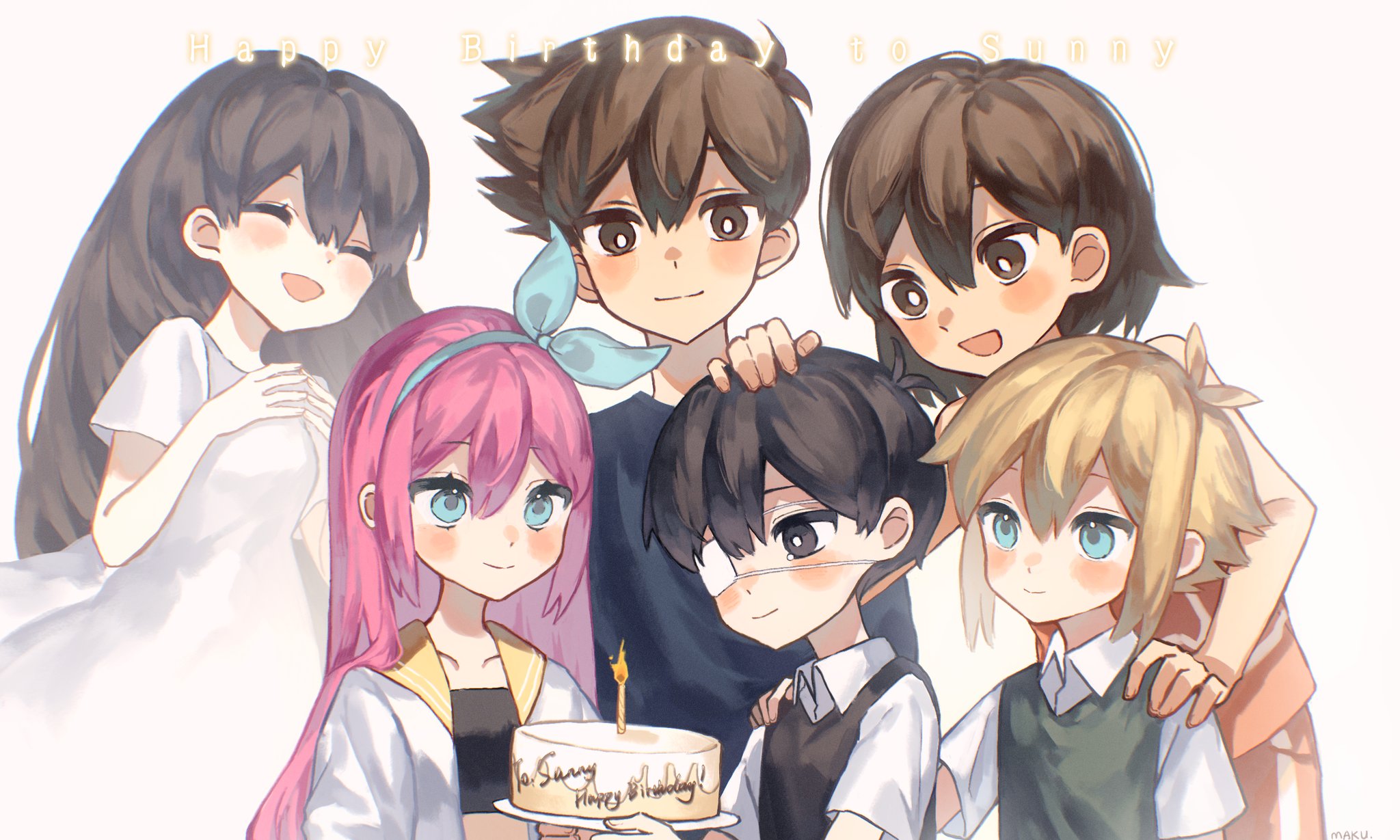 Safebooru - 2girls 4boys ^ ^ antenna hair aqua eyes aqua hairband aubrey (faraway) (omori ...