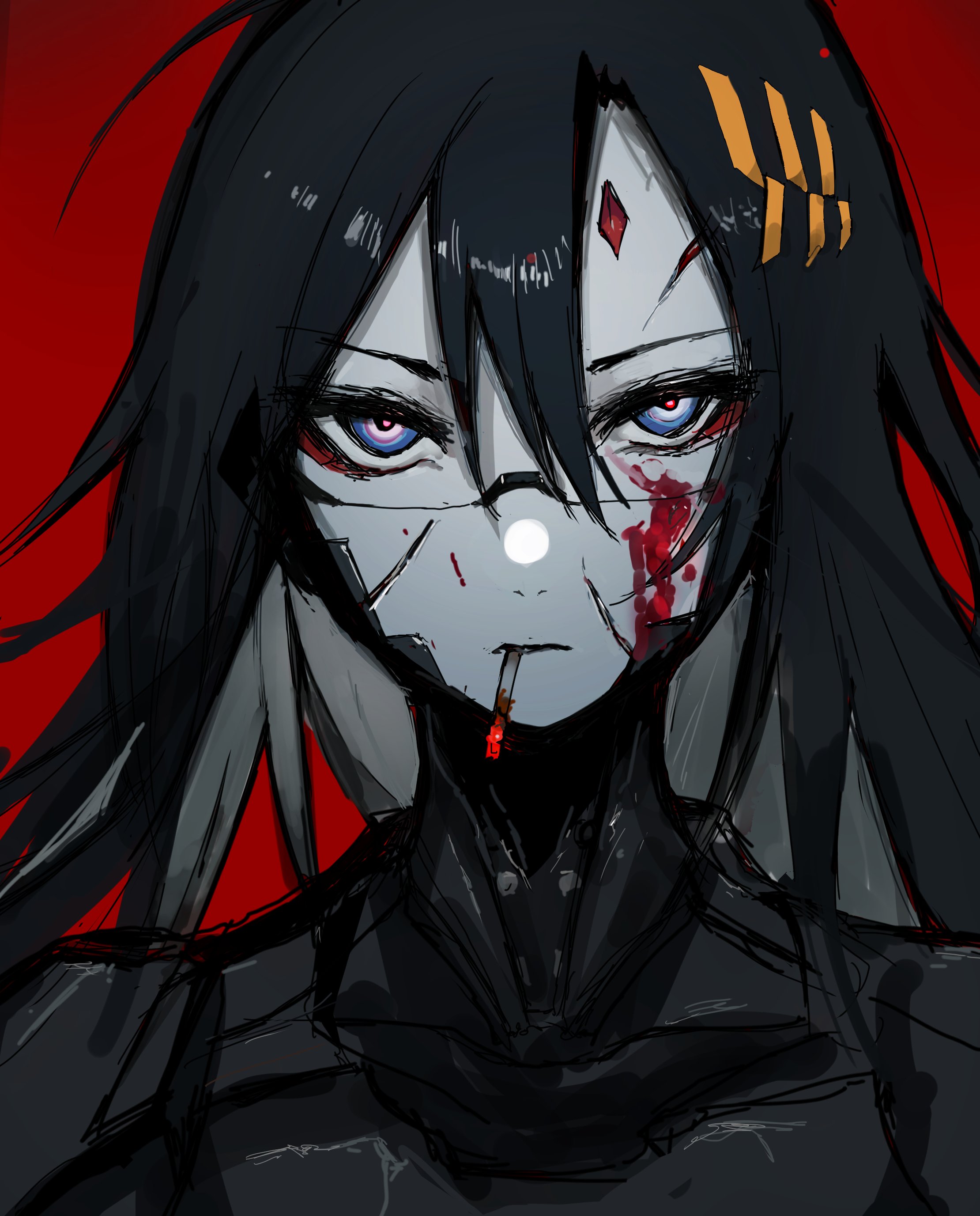 Safebooru - 1girl absurdres android black hair blood blood on face blue eyes chuhaibane ...