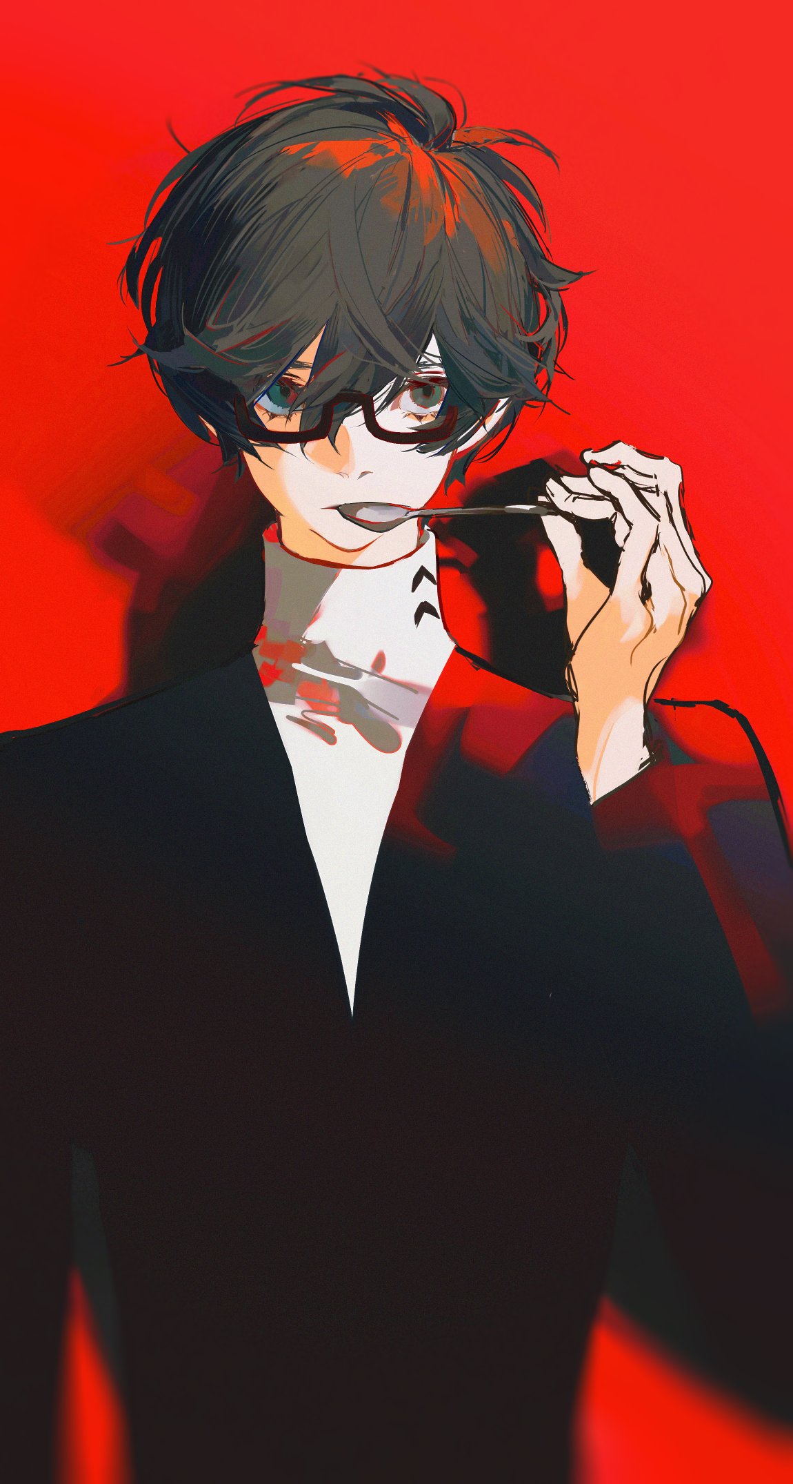 Safebooru - 1boy amamiya ren arm up black-framed eyewear black hair black jacket collared shirt ...