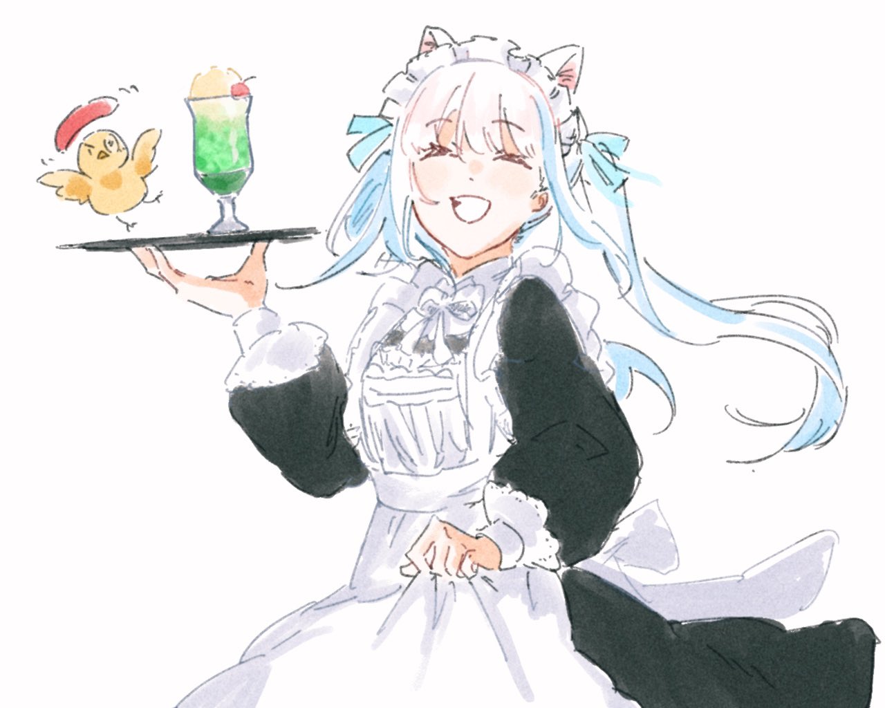 Safebooru - 1girl apron bird black dress blue hair closed eyes commentary request cowboy shot ...