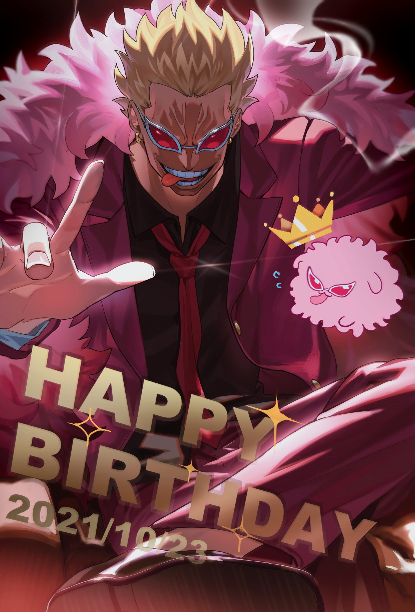 Safebooru - 1boy 2021 black shirt coat collared shirt crown dated donquixote doflamingo earrings ...