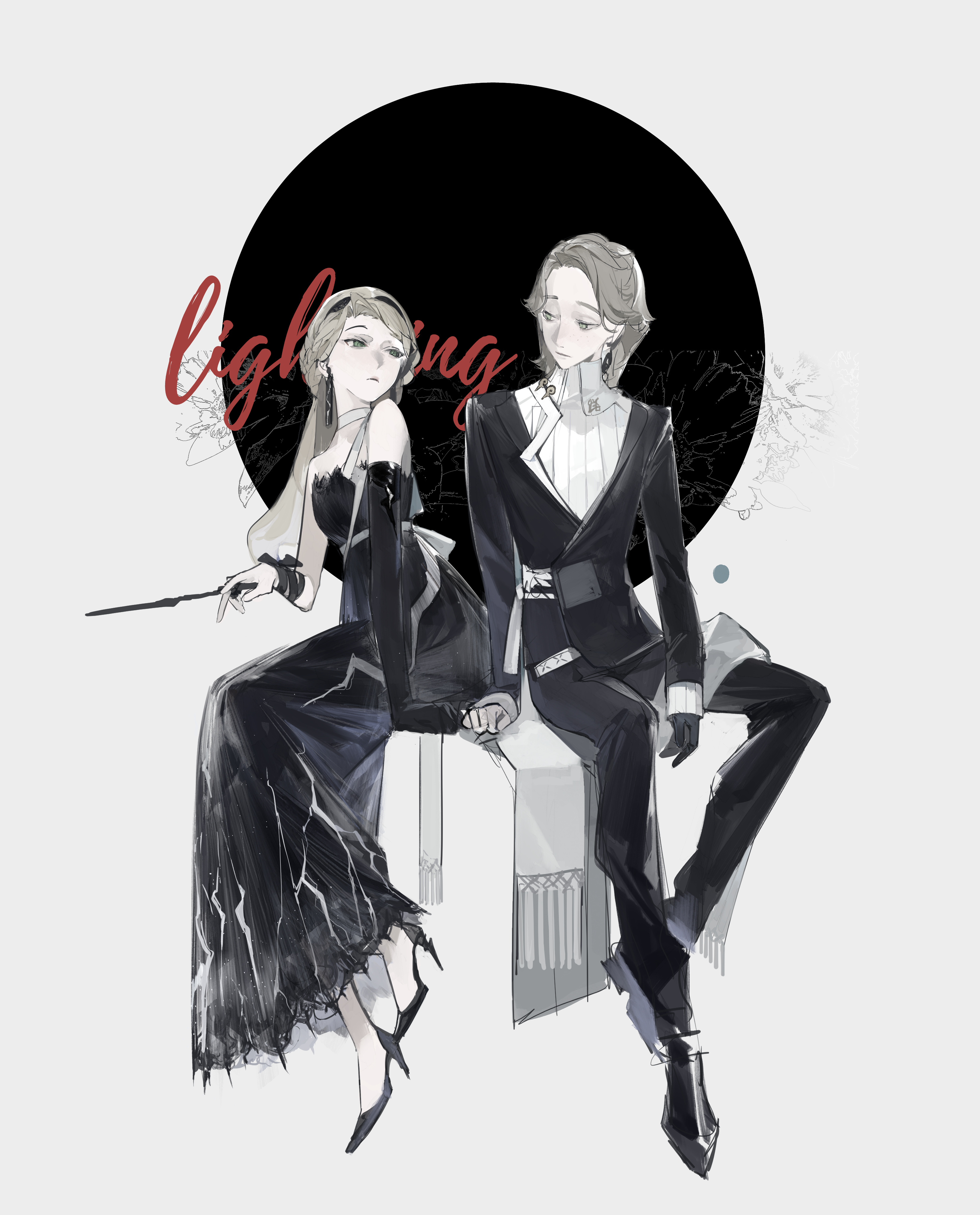 Safebooru - 1boy 1girl :| absurdres alternate costume arm support bare shoulders belt between ...