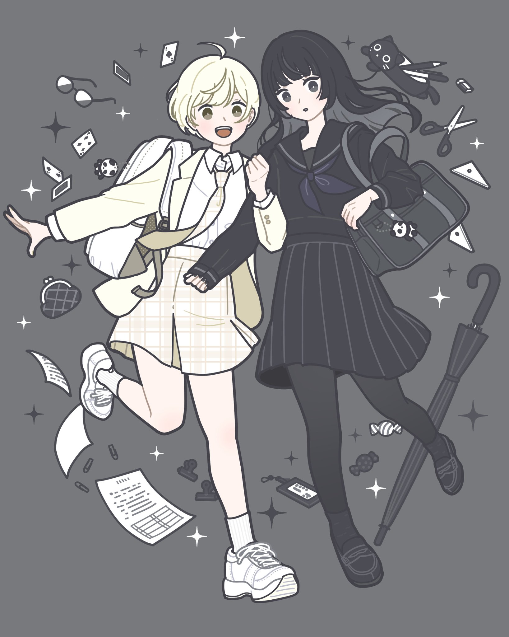 Safebooru - 2girls black footwear black hair black skirt card coin purse eraser glasses grey ...