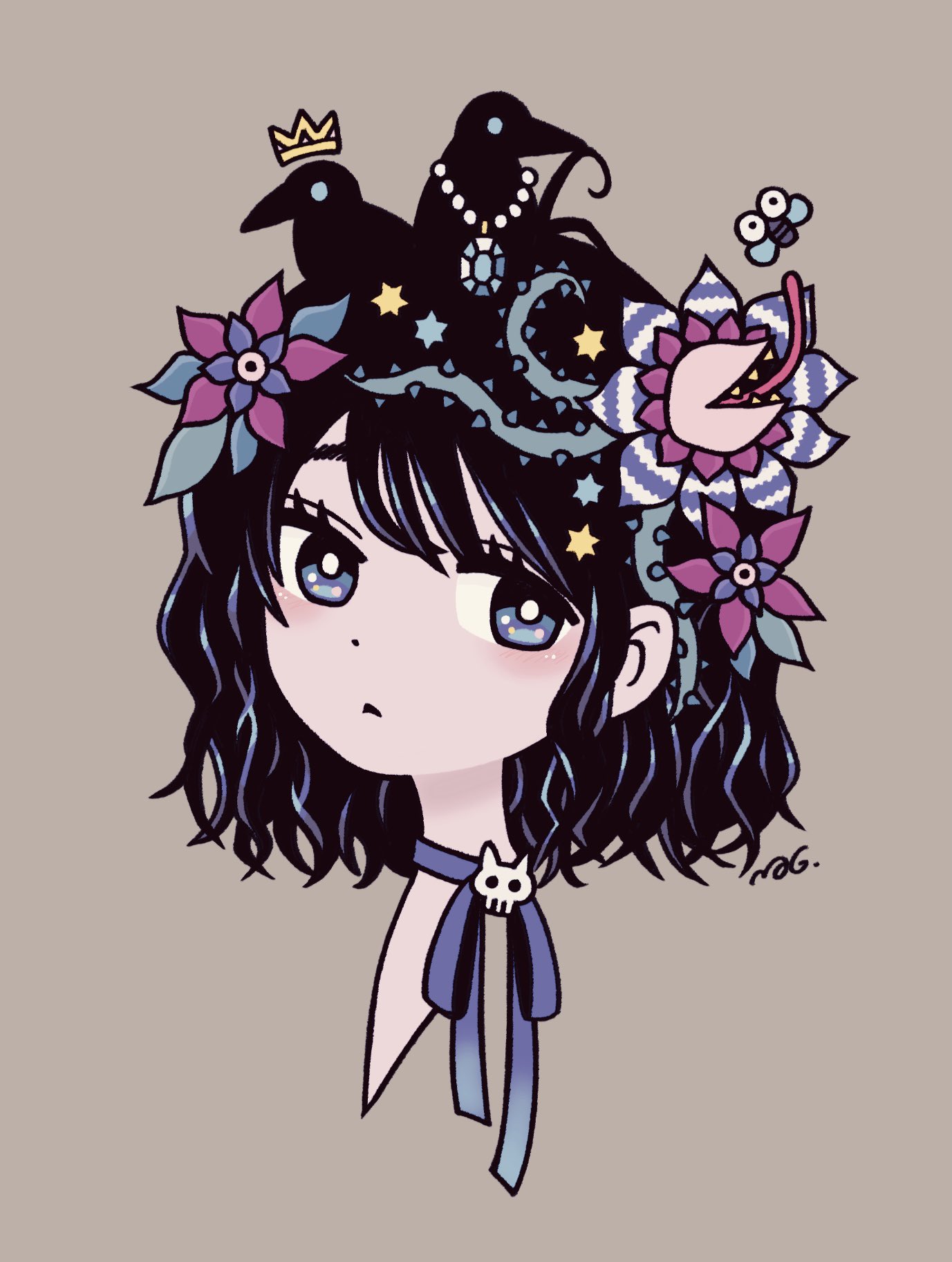 Safebooru - 1girl animal on head animal skull bird bird on head black bird black hair blue ...