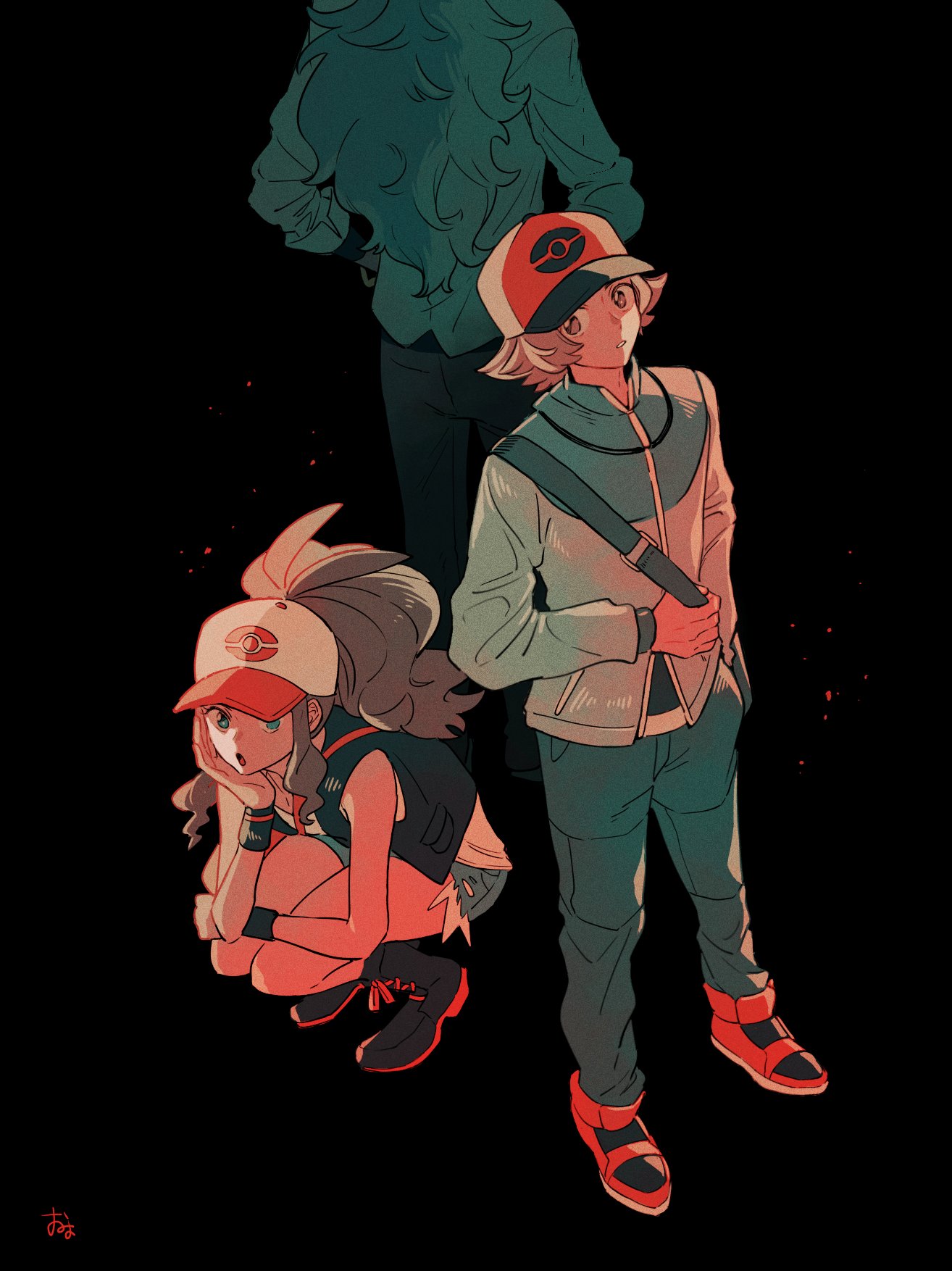 Safebooru - 1girl 2boys :o baseball cap black background black footwear ...