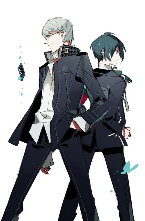 Safebooru - 2boys back-to-back black-framed eyewear black jacket black pants blue bow blue ...