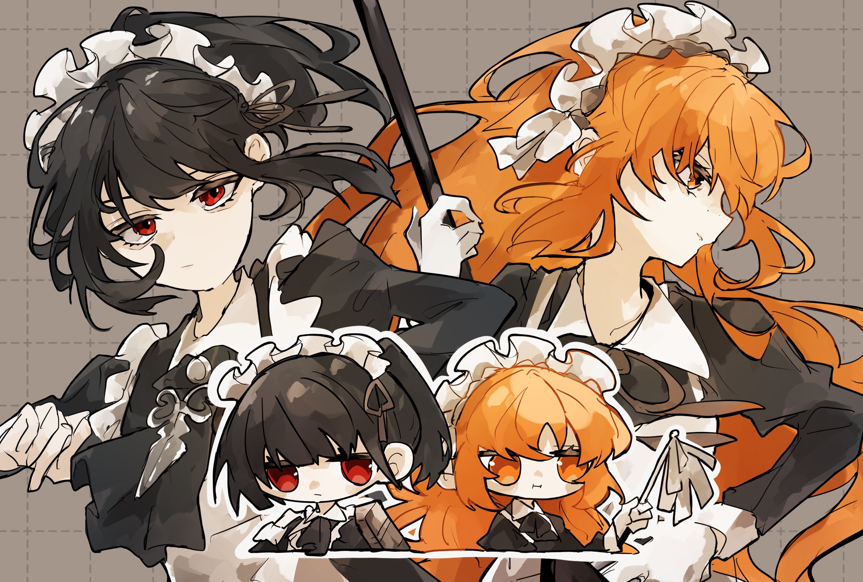 Safebooru - 2girls apron black dress black hair chibi dress frilled ...