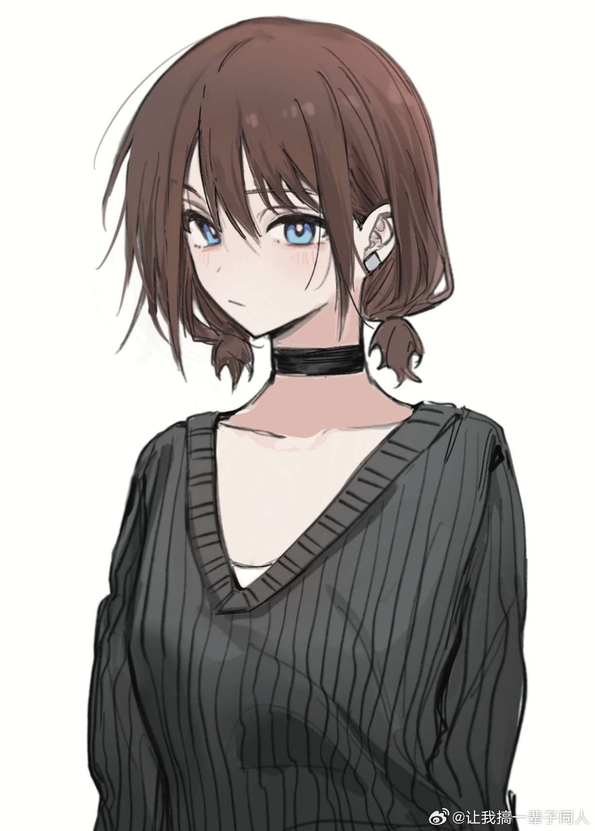 Safebooru - 1girl black choker black sweater blush brown hair chinese commentary choker closed ...