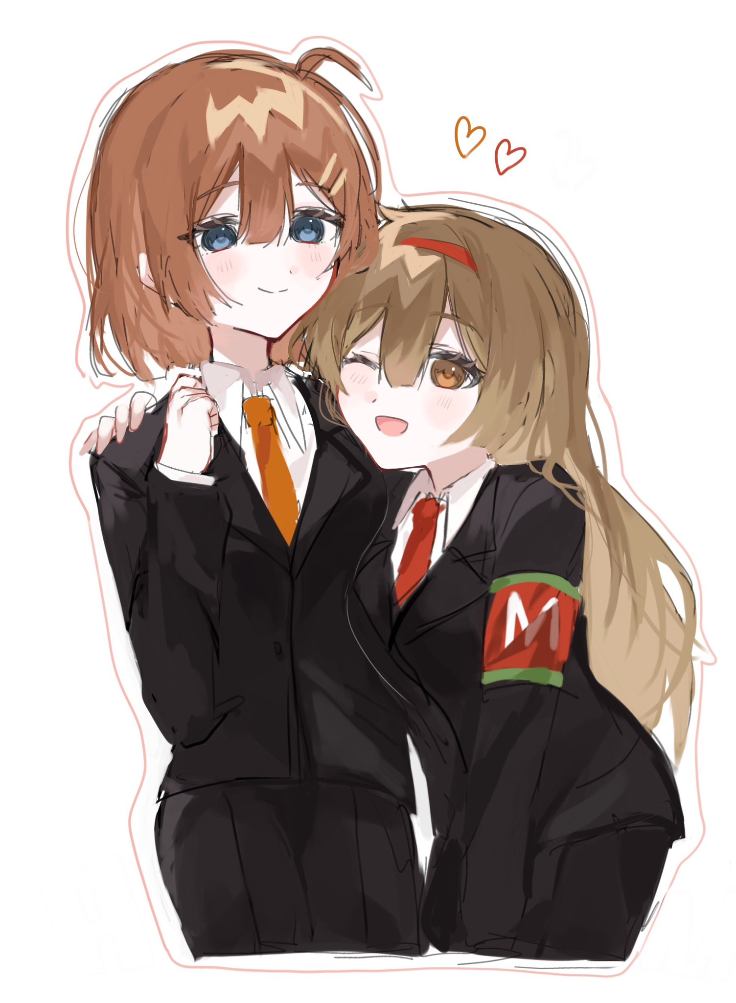 Safebooru - 2girls ahoge armband black jacket black pants brown hair ...