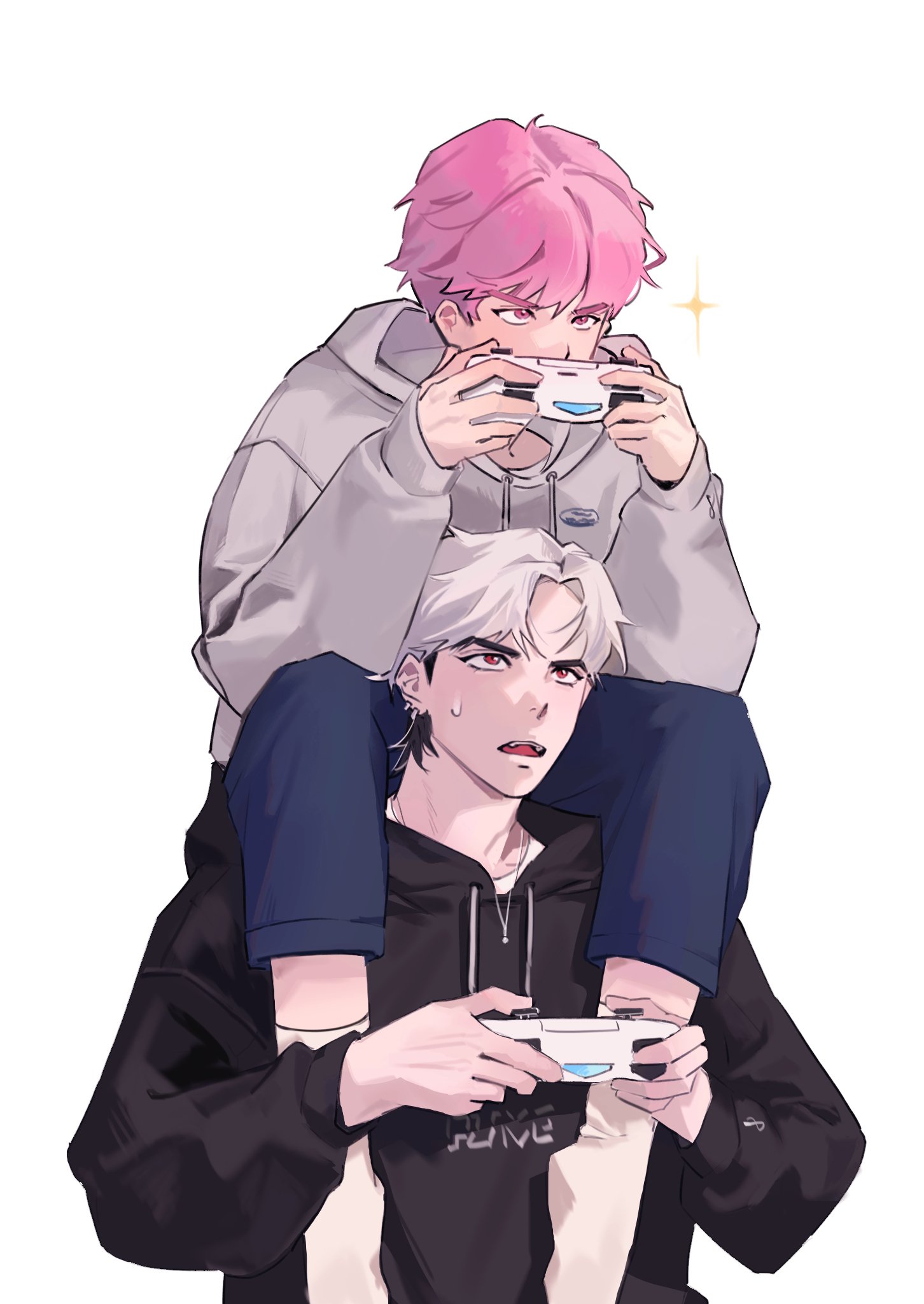 Safebooru - 2boys arms up bamby (plave) black hoodie blue pants capri ...