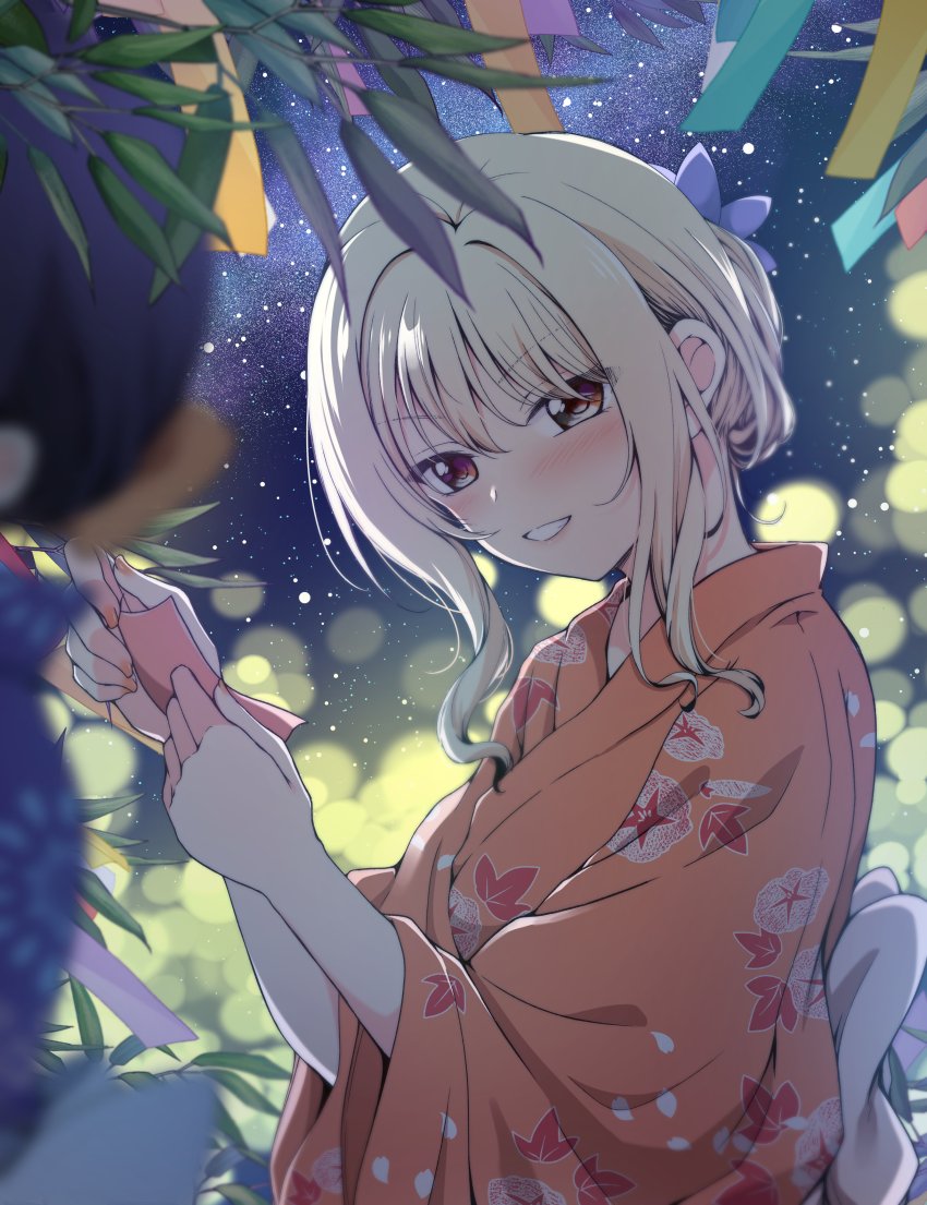 Safebooru - 2girls asaka karin bamboo blonde hair blue hair blue kimono blurry blurry foreground ...