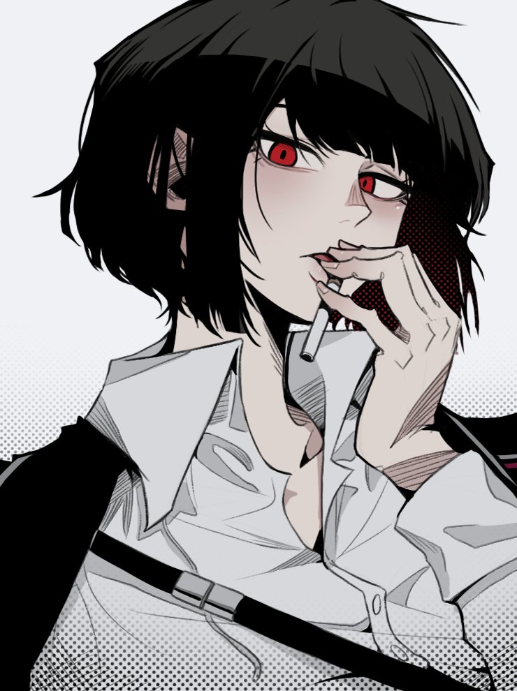 Safebooru - 1girl black coat black hair bob cut coat coat on shoulders collared shirt jeehyung ...
