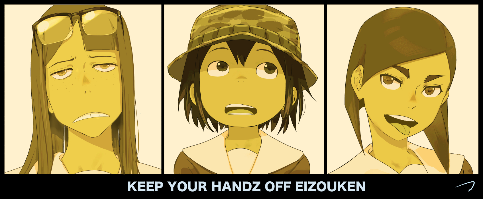 Safebooru - 3girls asakusa midori asymmetrical bangs bob cut bucket hat camouflage camouflage ...