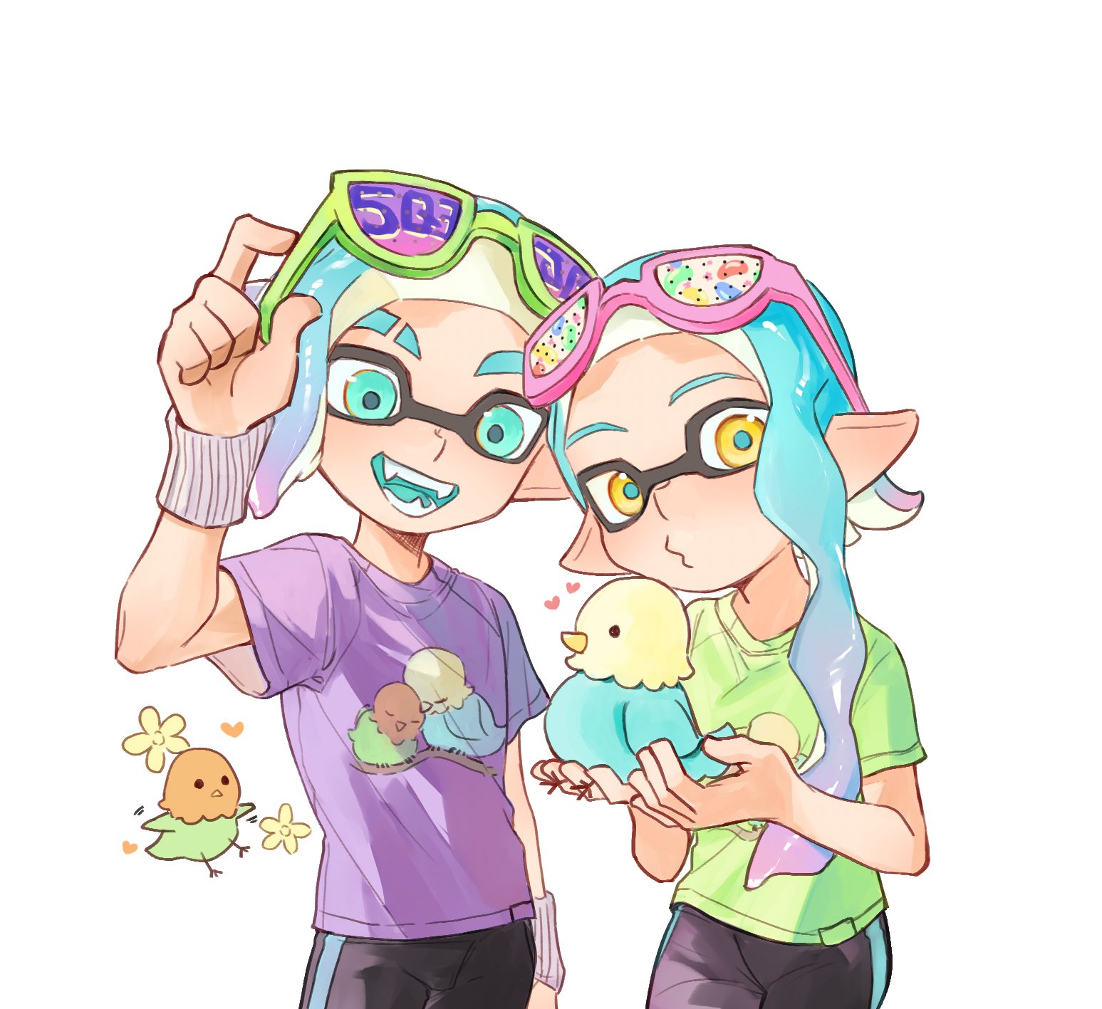 Safebooru - 1boy 1girl adjusting eyewear aqua eyes bird blue hair chick ...