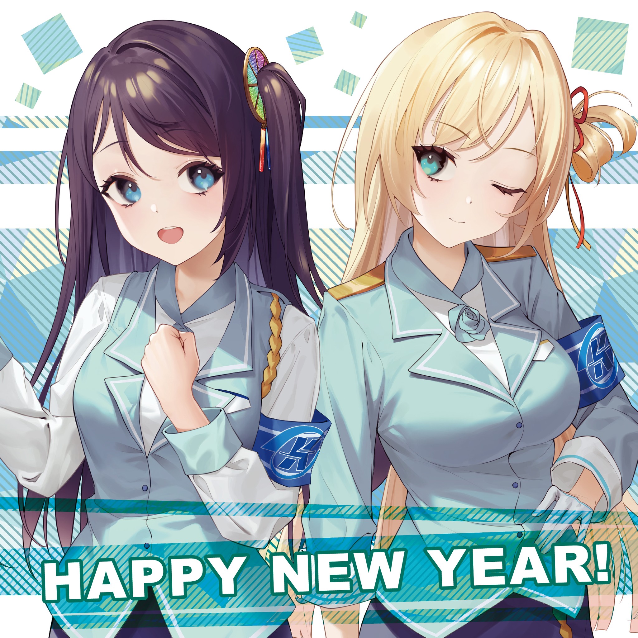 Safebooru - 2girls armband black hair blue vest highres krt girls long hair long sleeves ...