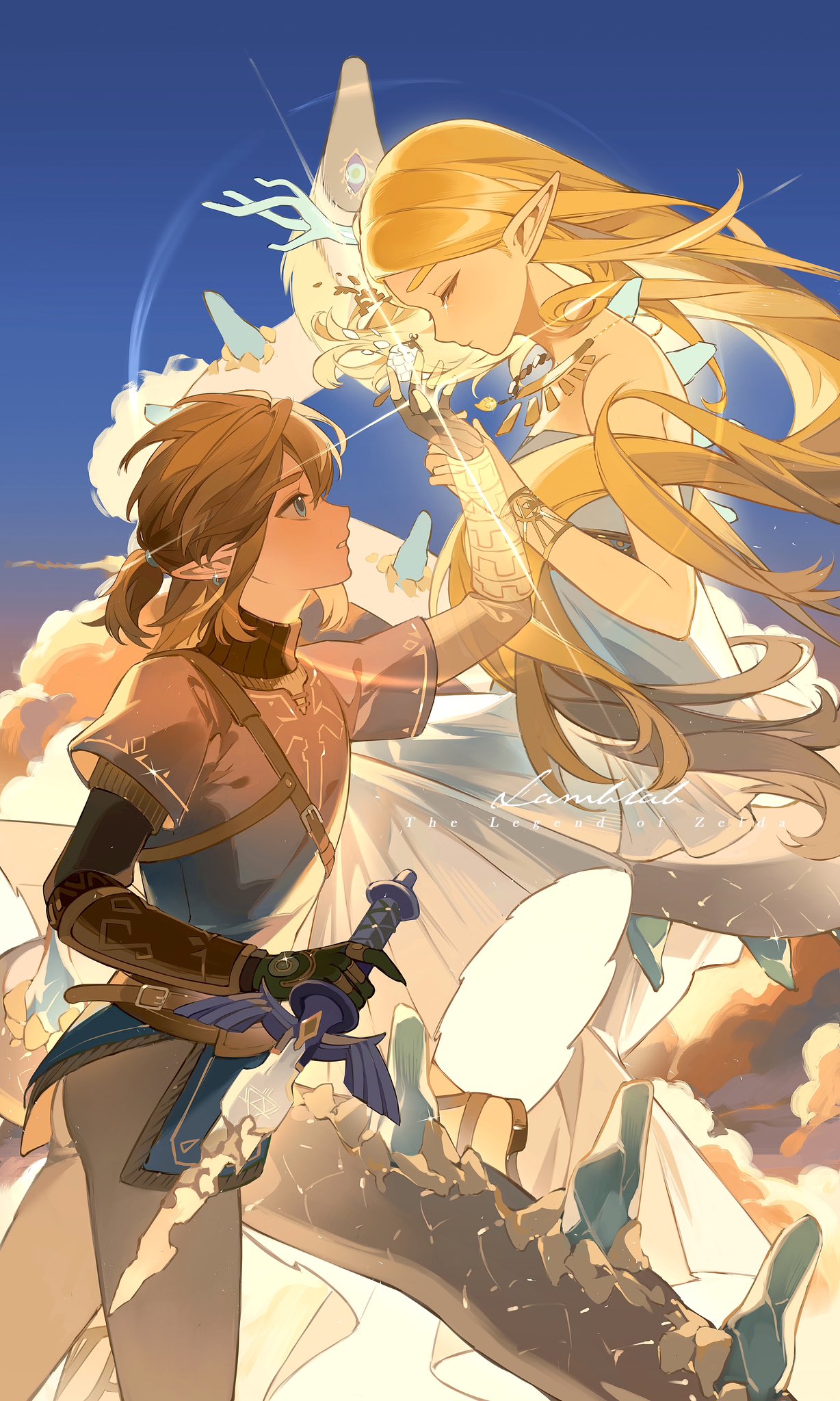 Safebooru - 1boy 1girl bare shoulders black sweater blonde hair blue shirt brown hair brown ...