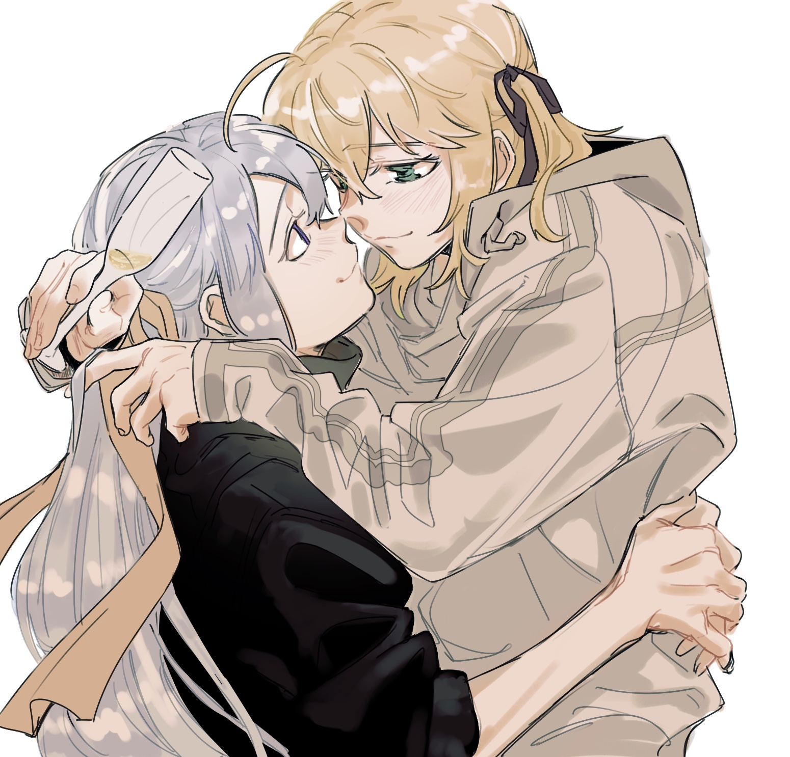 Safebooru - 2girls anisphia wynn palettia arms around neck black ribbon black sweater blonde ...