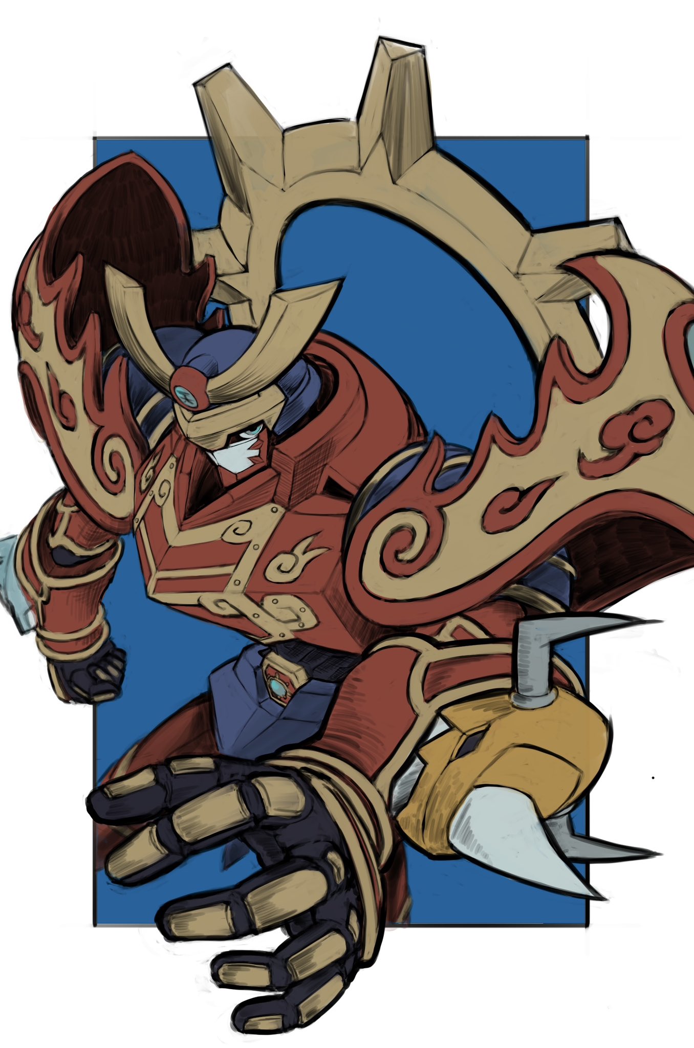 Safebooru - 1boy armor blue armor blue background border cowboy shot ...