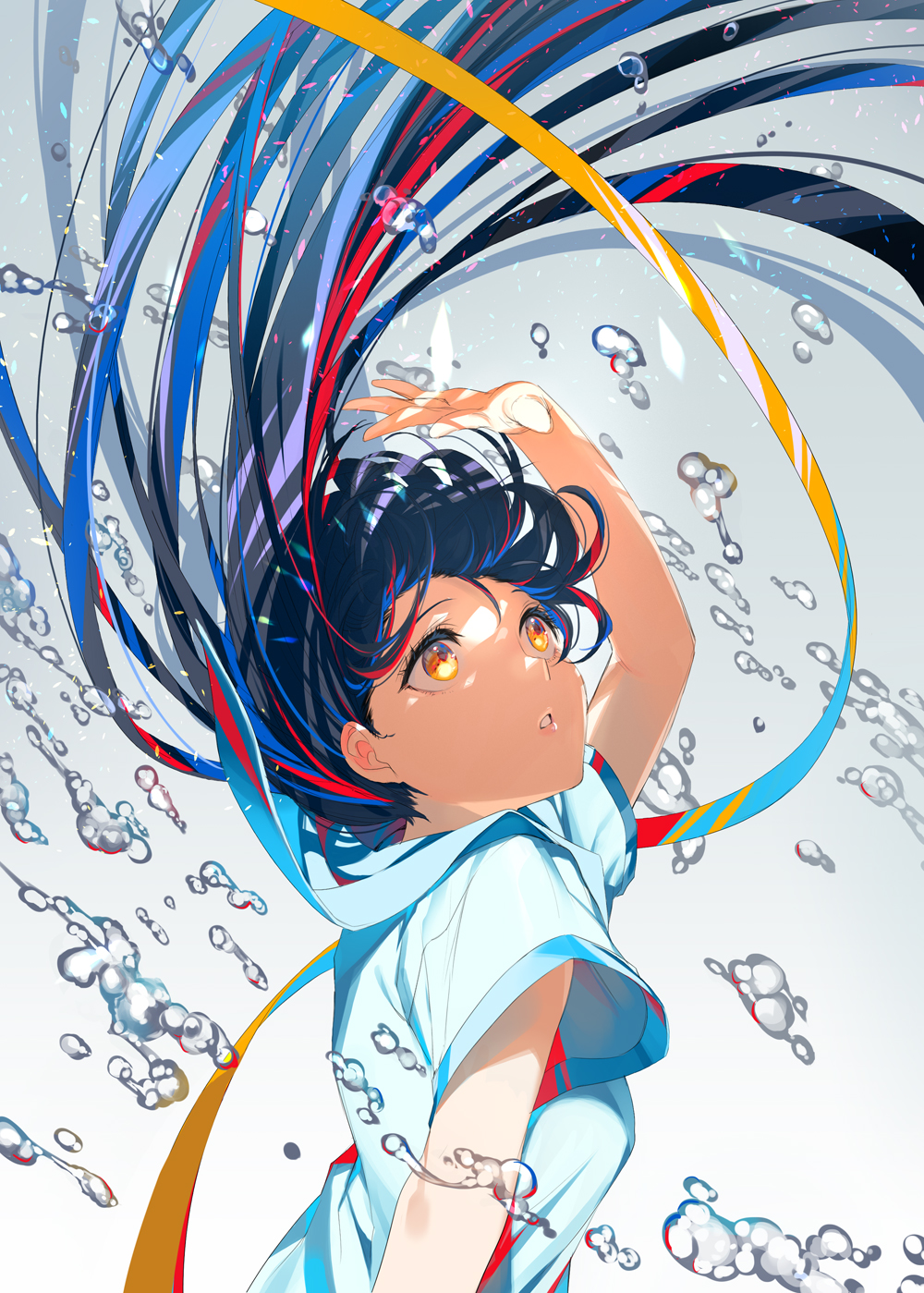 Safebooru - 1girl air bubble arm up black hair bubble commentary request floating hair highres ...