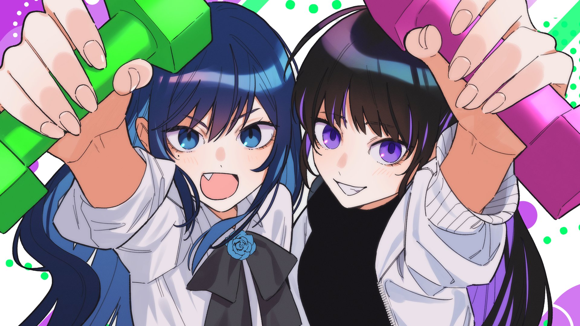 Safebooru - 2girls ado (utaite) arm up black bow black bowtie black hair black shirt blue eyes ...