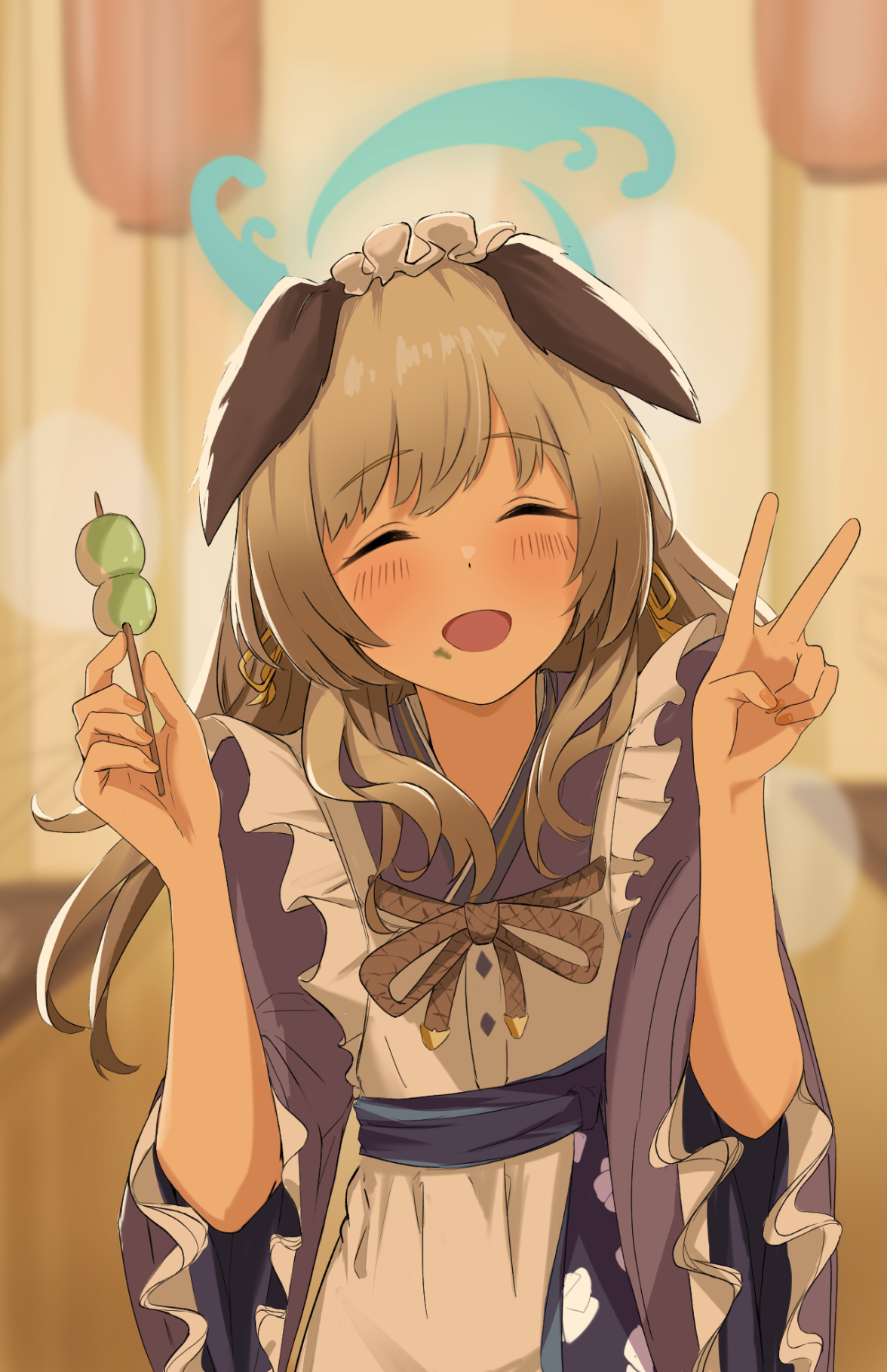 Safebooru - 1girl 4jiri apron blue archive blurry blurry background blush brown eyes closed eyes ...