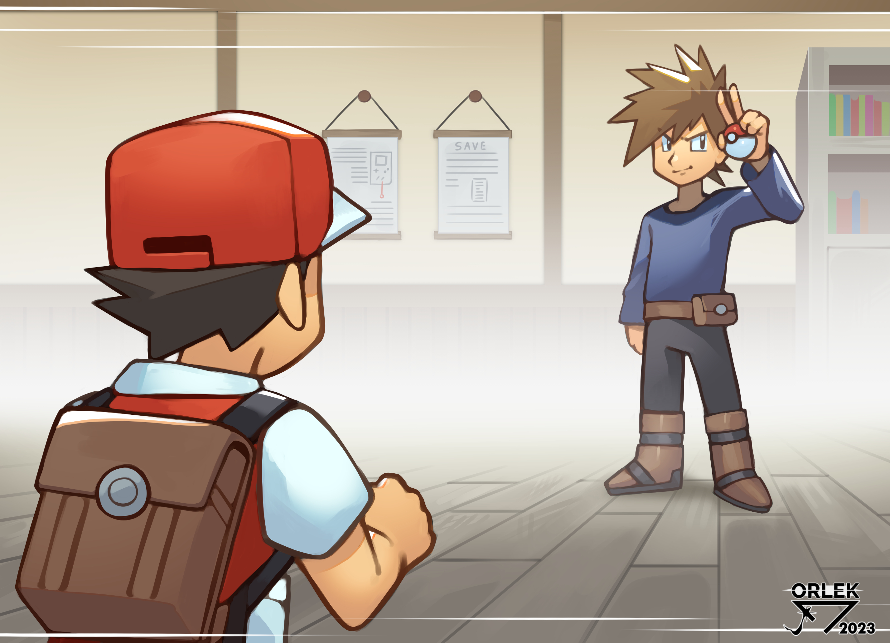 Safebooru - 2boys arm at side artist name backpack bag blue oak boots brown bag brown footwear ...