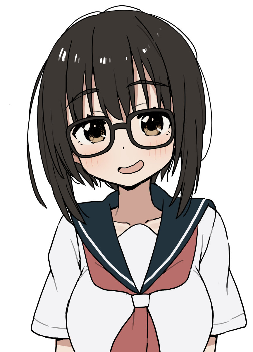 Safebooru - 1girl :d black-framed eyewear black hair blue sailor collar blush breasts brown eyes ...