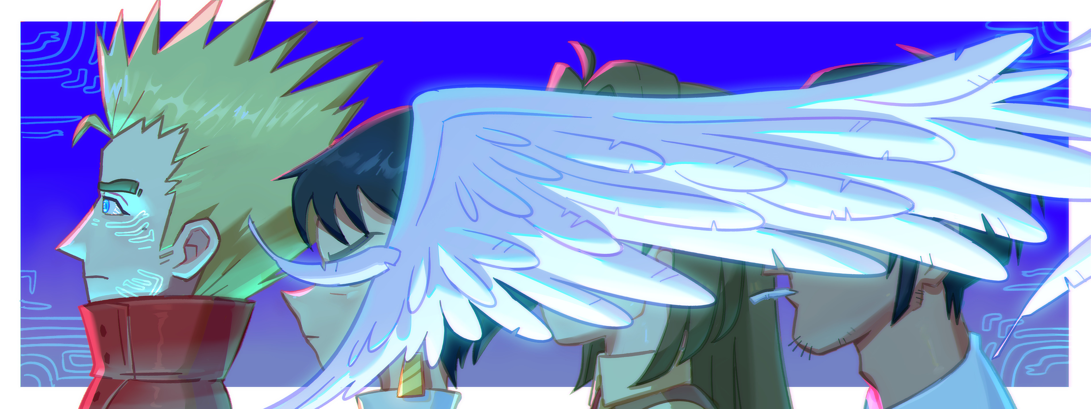 Safebooru - 2boys 2girls absurdres black hair blonde hair blue background brown hair cigarette ...