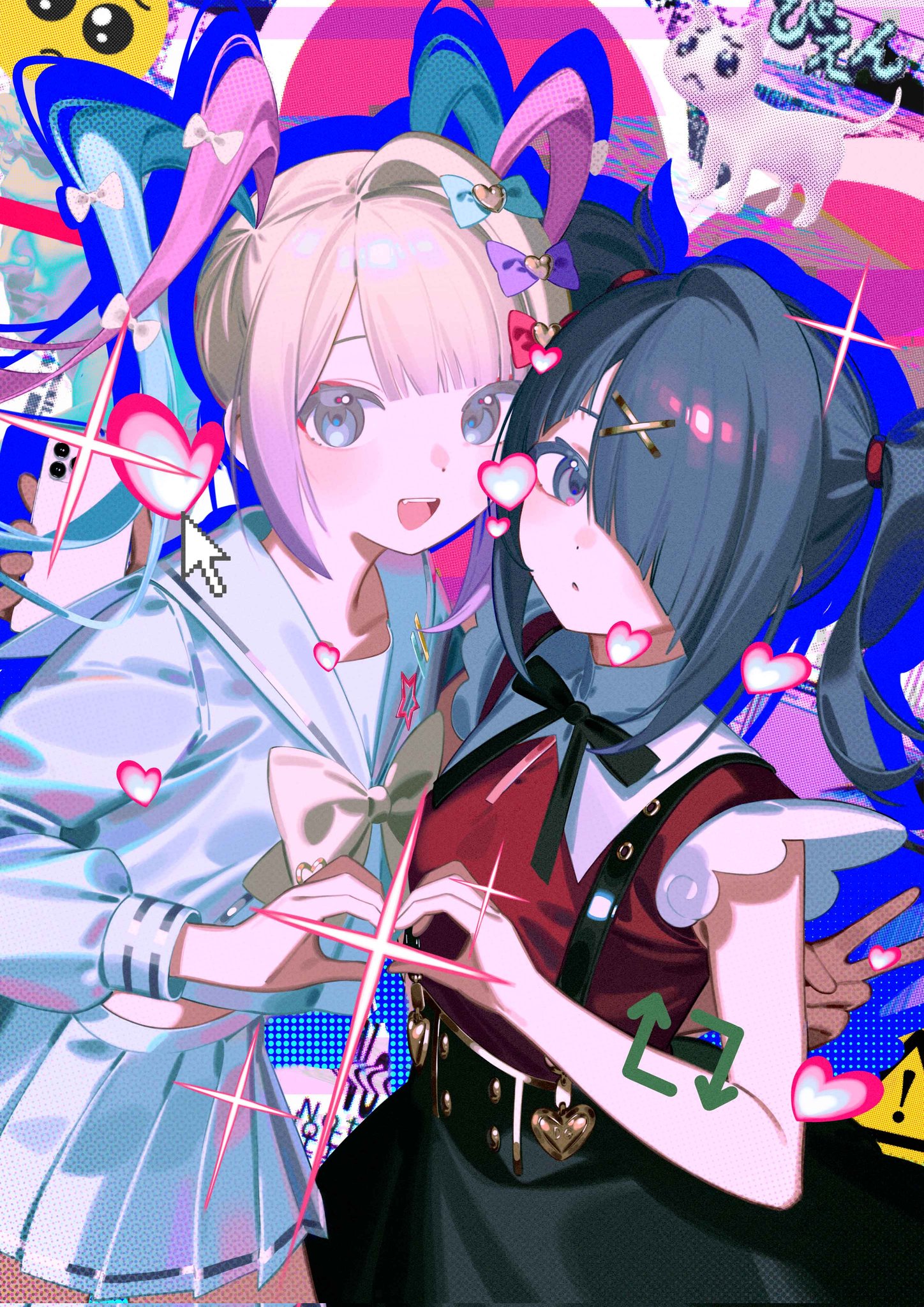 Safebooru - 2girls :o ame-chan (needy girl overdose) arched back black hair black ribbon black ...