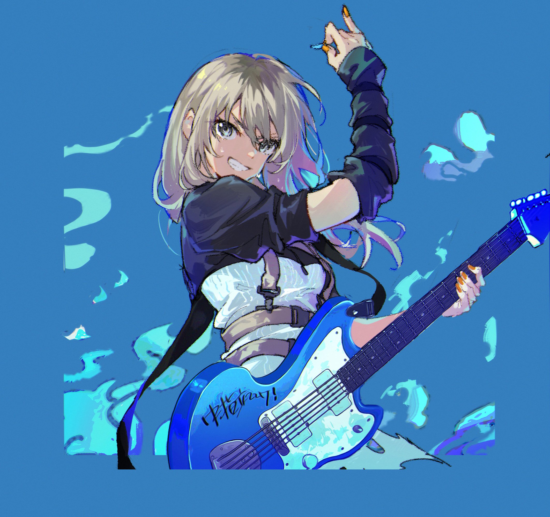 Safebooru - 1girl arm warmers bass guitar black arm warmers black shirt ...