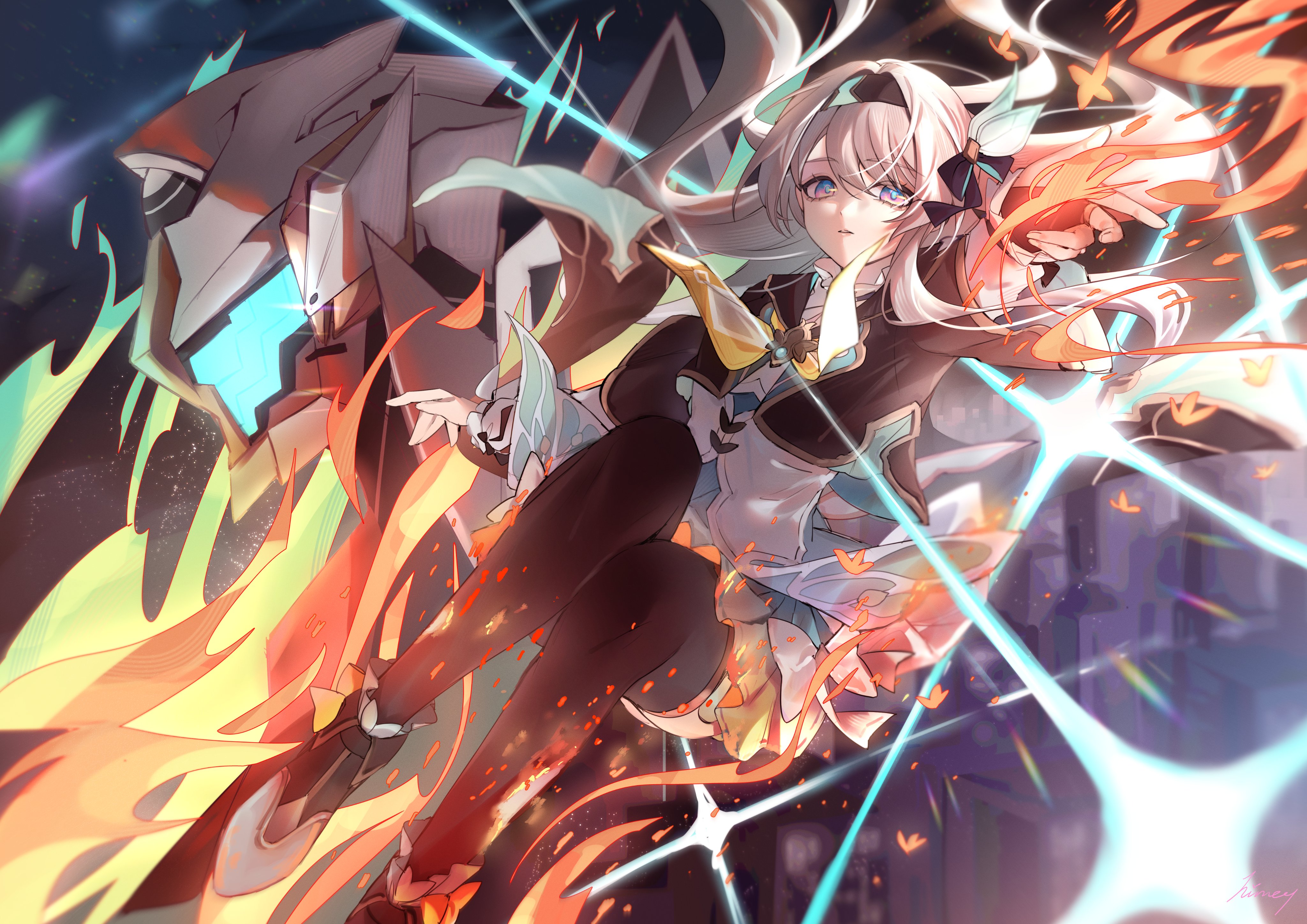 Safebooru - 1girl absurdres armor black hairband black thighhighs blurry blurry background ...