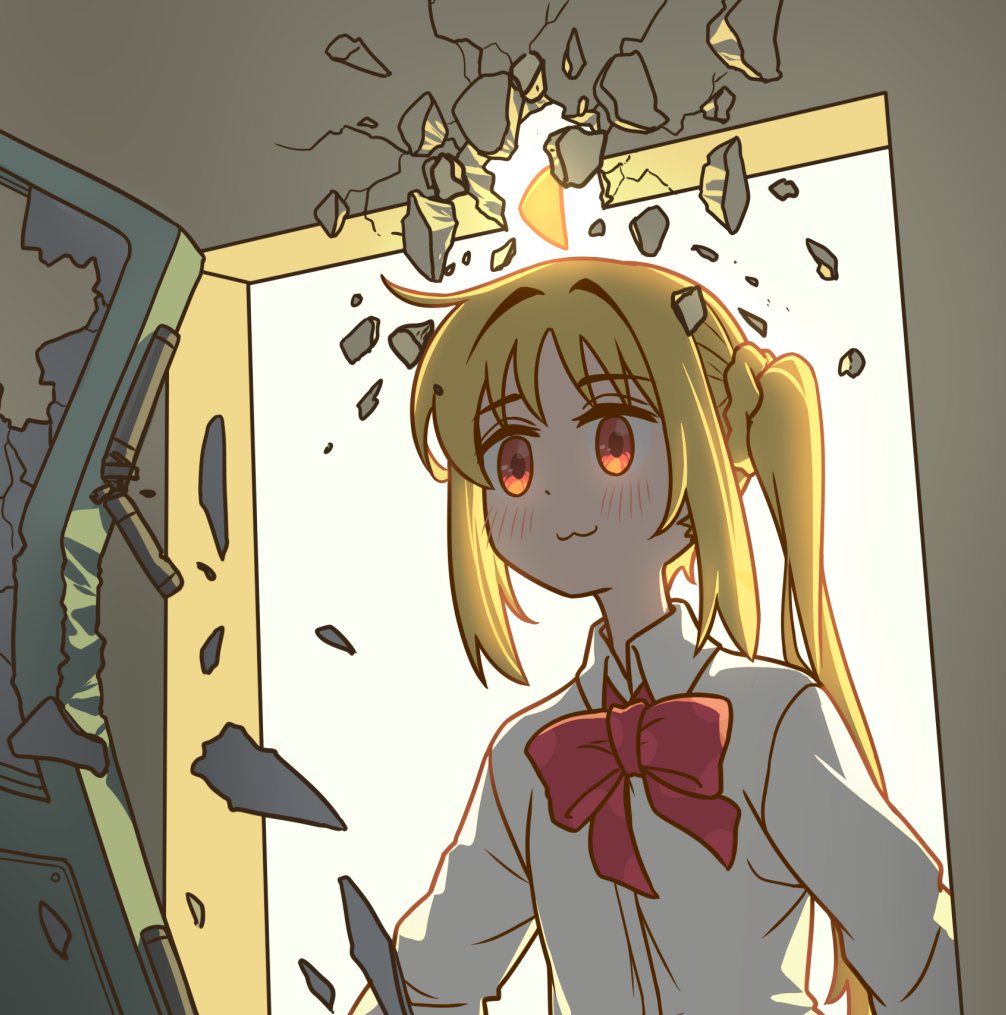 Safebooru - 1girl :3 ahoge blonde hair bocchi the rock! bow bowtie commentary crack cracked wall ...