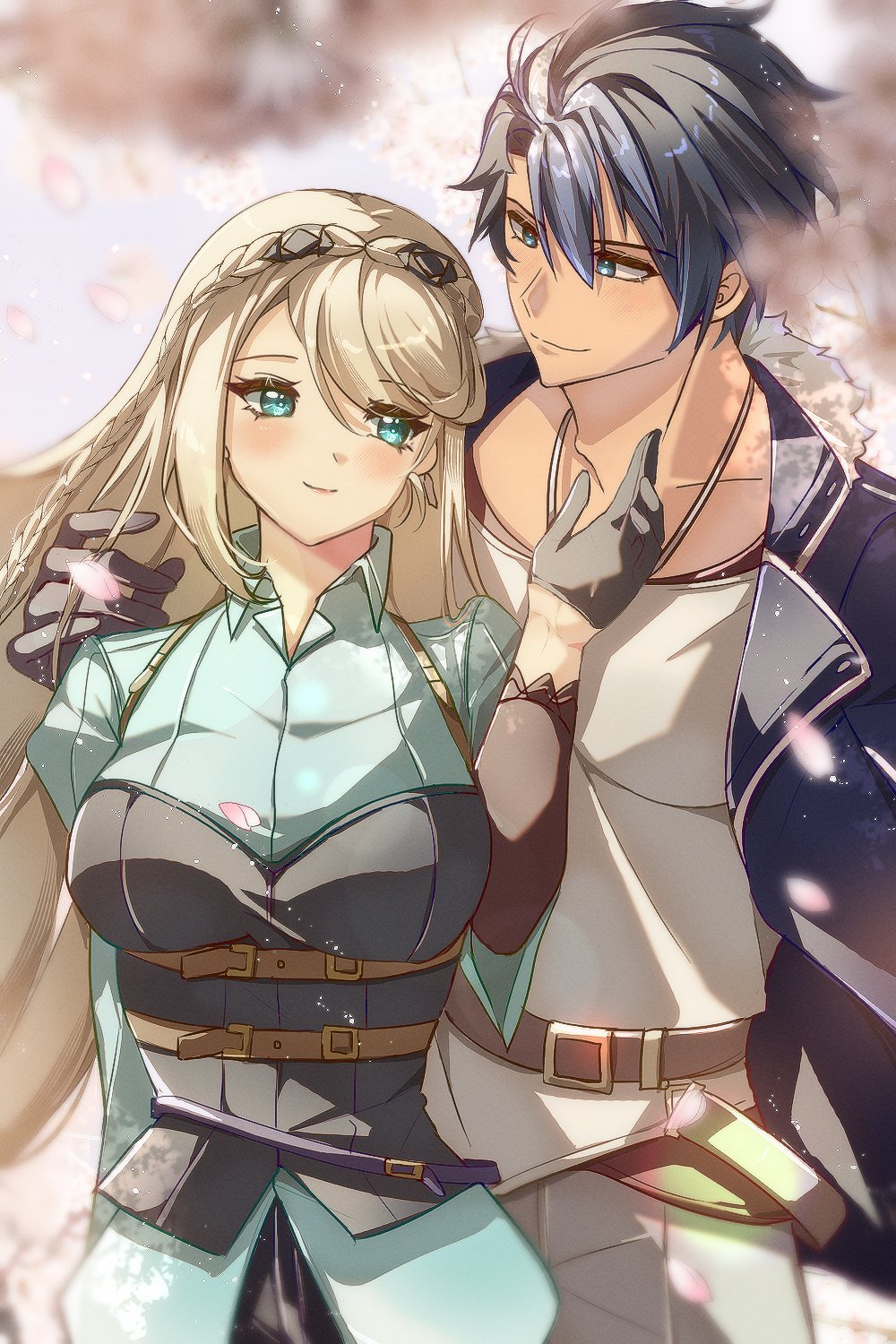 Safebooru - 1boy 1girl ahoge black gloves black hair blonde hair blue eyes breasts cherry ...