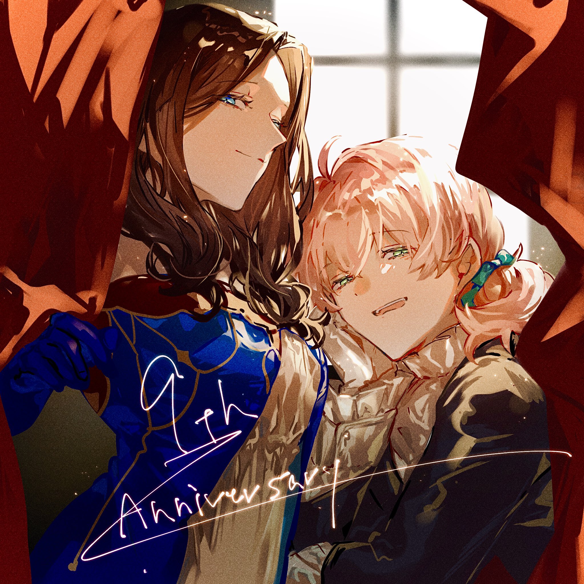 Safebooru - 1boy 1girl alternate costume ascot black jacket blue coat blue eyes blue gloves bow ...