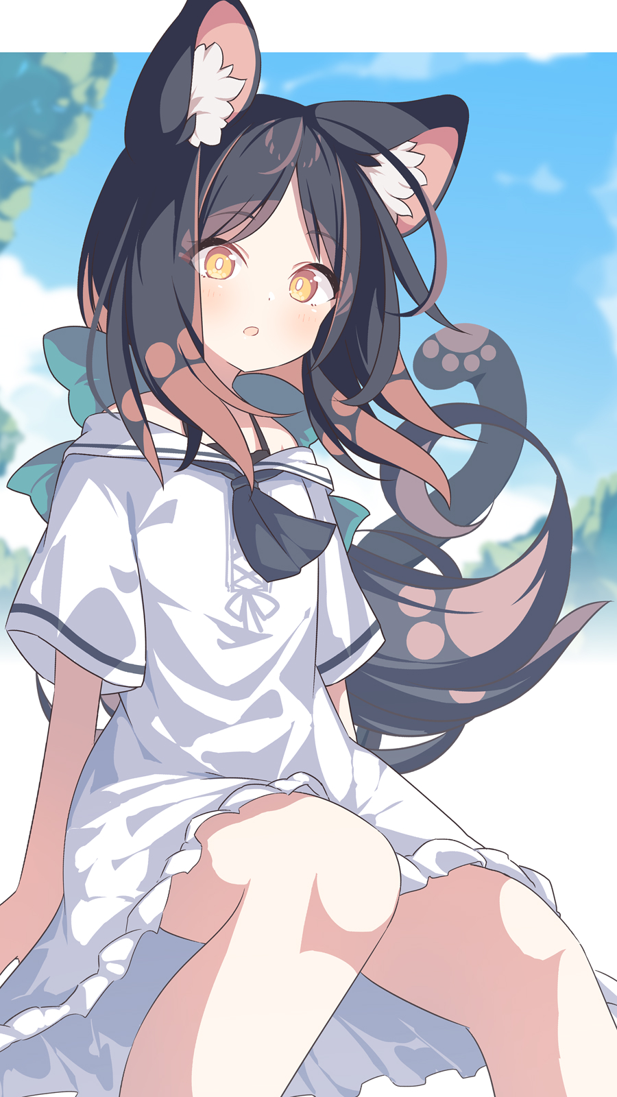 Safebooru - 1girl :o animal ear fluff animal ears black hair blue sky brown eyes brown hair cat ...