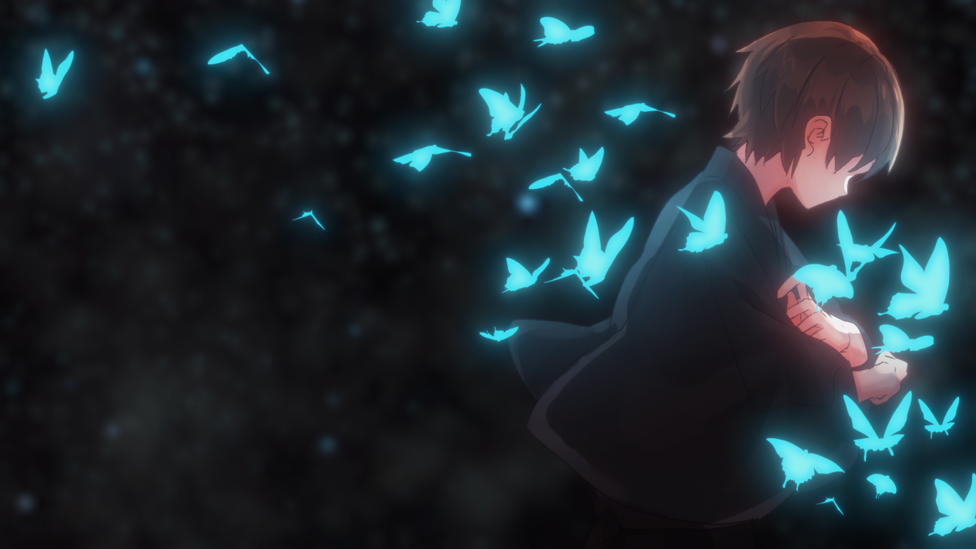 Safebooru - 1boy black background black kimono blue butterfly brown hair bug butterfly character ...