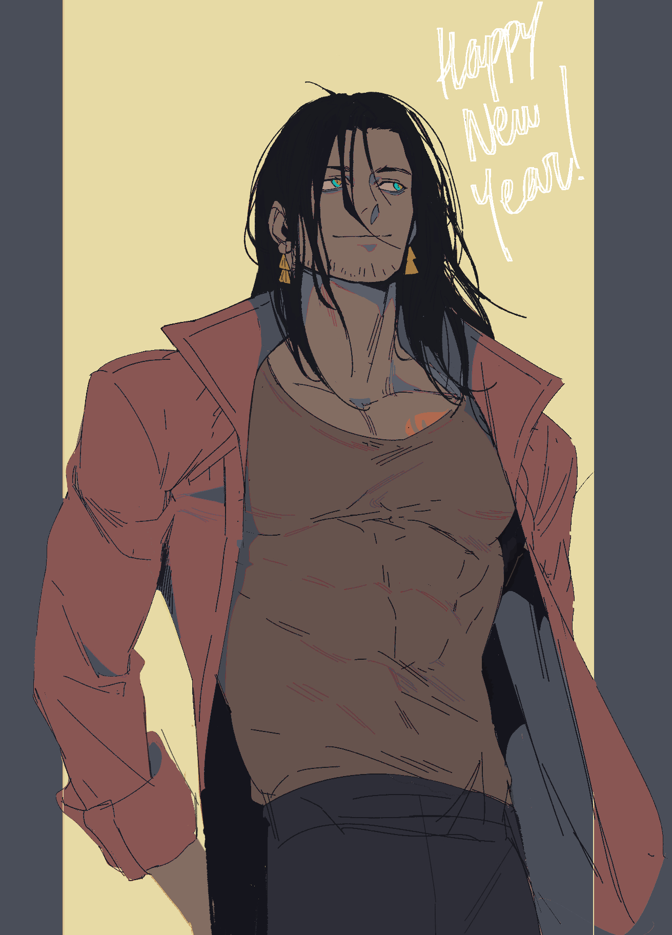 Safebooru - 1boy beard stubble black hair blue eyes brown shirt chest tattoo collarbone collared ...