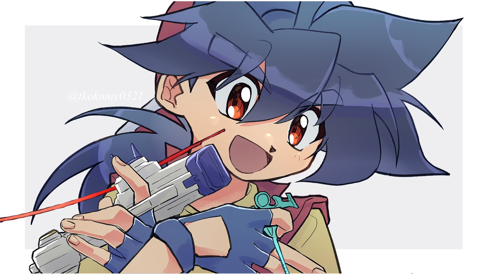 Safebooru - 1boy bakuten shoot beyblade baseball cap beyblade blue gloves blue hair border brown ...