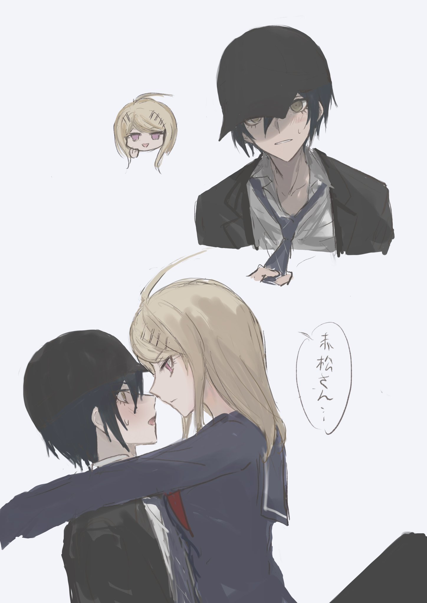Safebooru - 1boy 1girl :o akamatsu kaede black jacket black sailor collar black shirt blush ...
