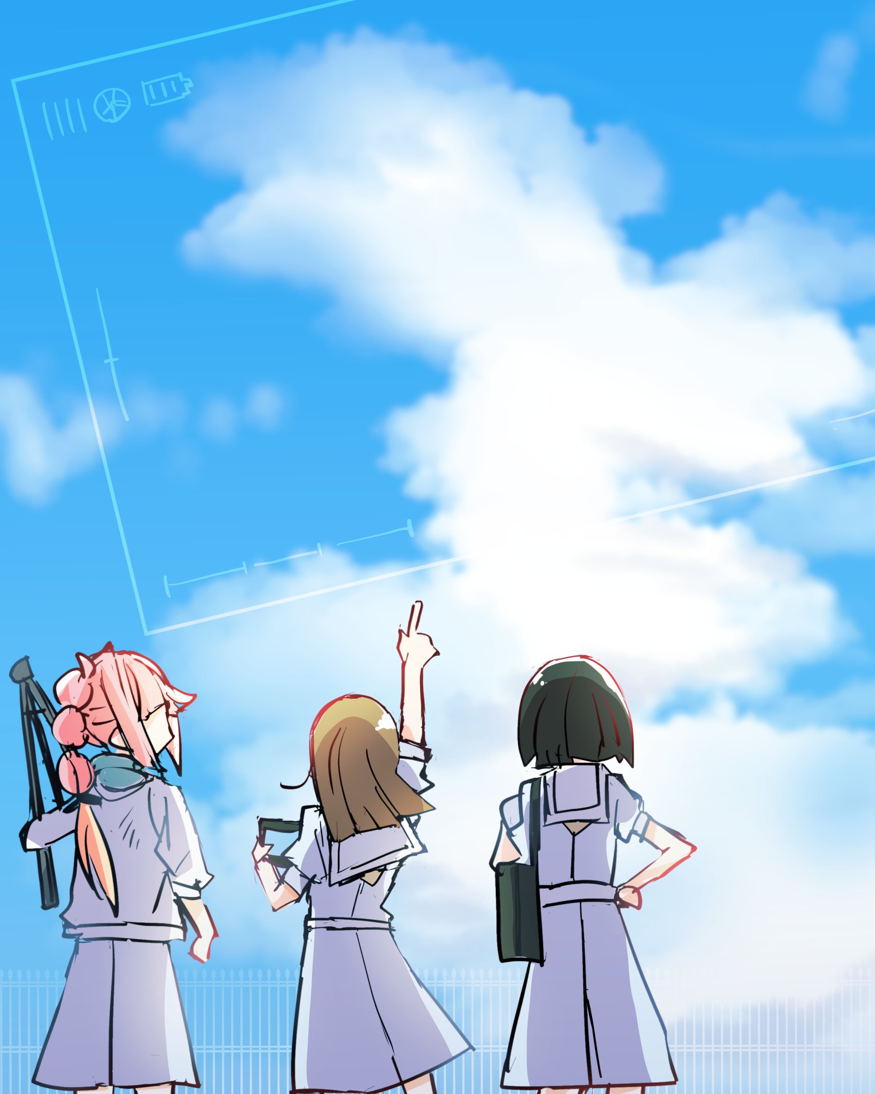 Safebooru - 3girls anyoji hime arm up bag black bag black hair black ribbon blonde hair blue sky ...