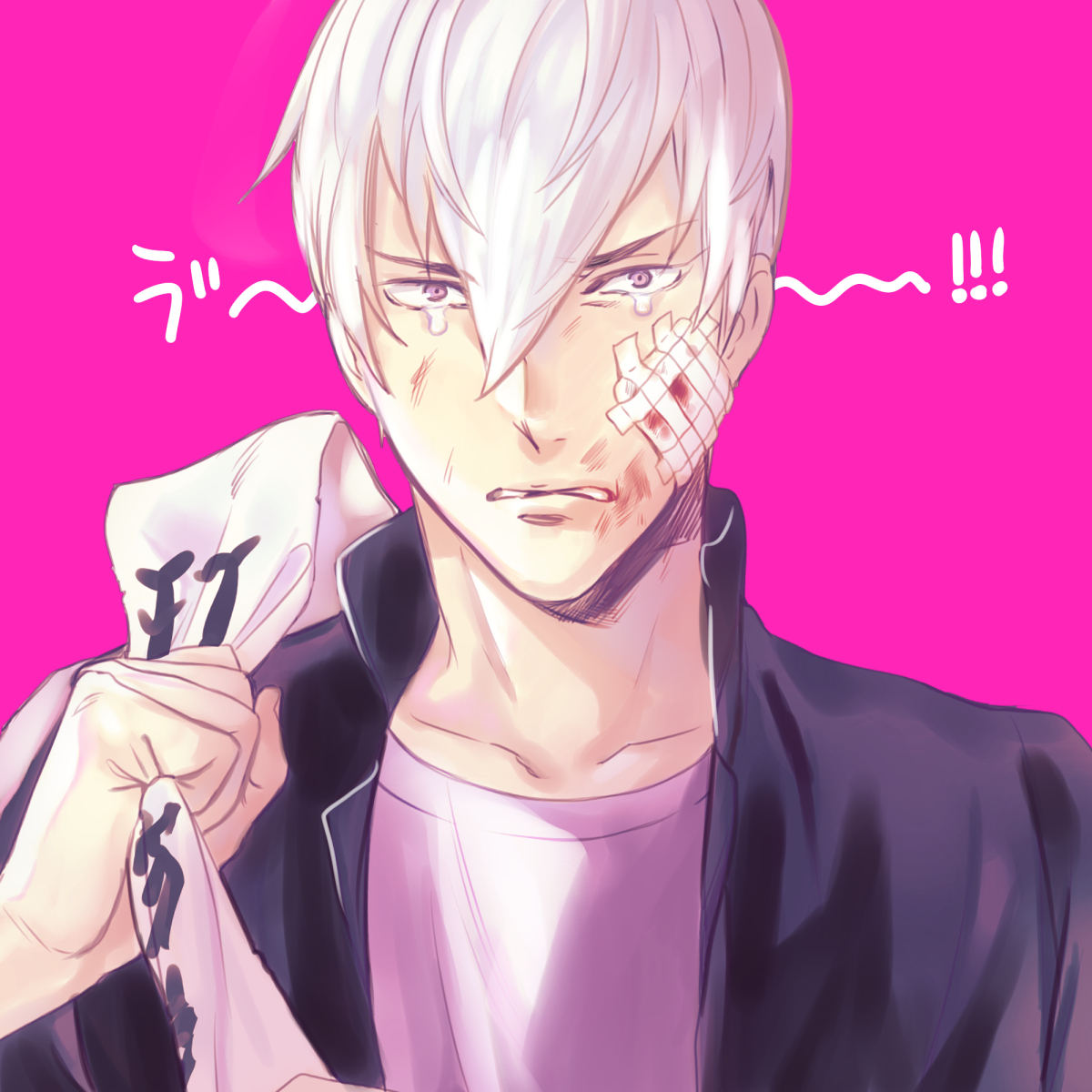 Safebooru - 1boy bandages black jacket blood blood on bandages bruise bruise on face crying ...