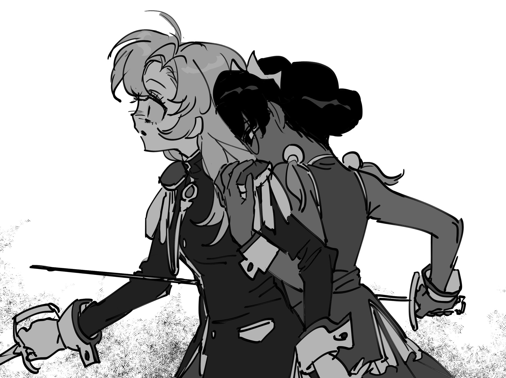 Safebooru - 2girls backstab black jacket dress english commentary ...