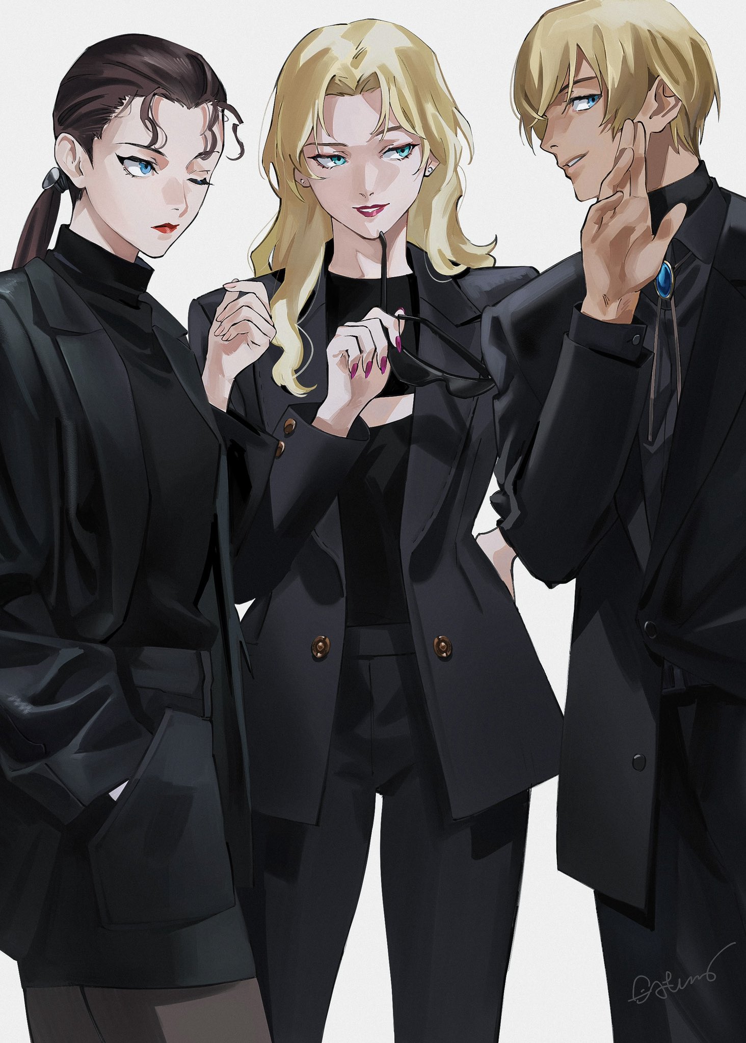 Safebooru - 1boy 2girls amuro tooru black jacket black pants black skirt black sweater blonde ...