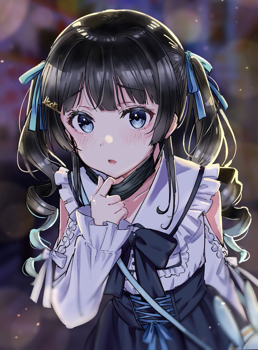 Safebooru - 1girl black hair blue eyes blurry blush depth of field drill hair frilled shirt ...