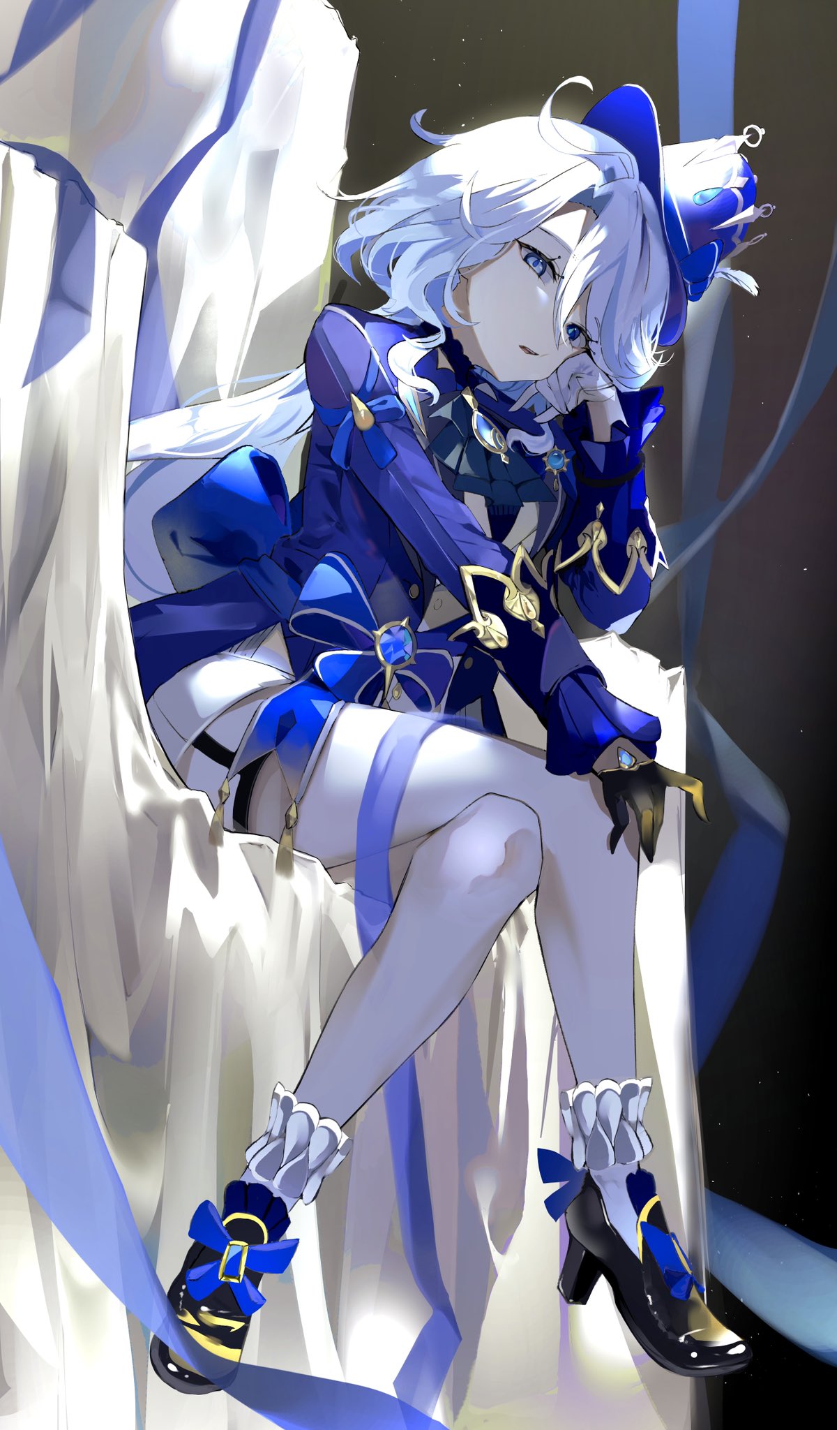 Safebooru - 1girl ahoge ascot asymmetrical gloves black footwear black gloves blue ascot blue ...