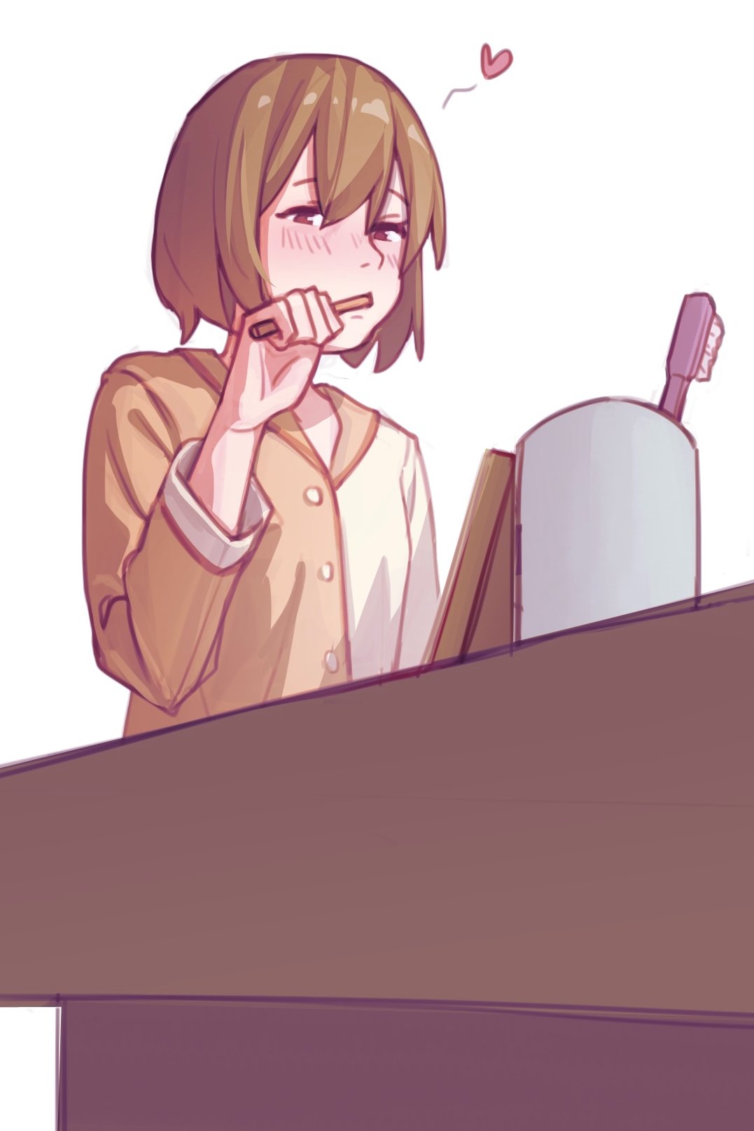 Safebooru - 1girl blush brown eyes brown hair brushing teeth commentary egakuning english ...